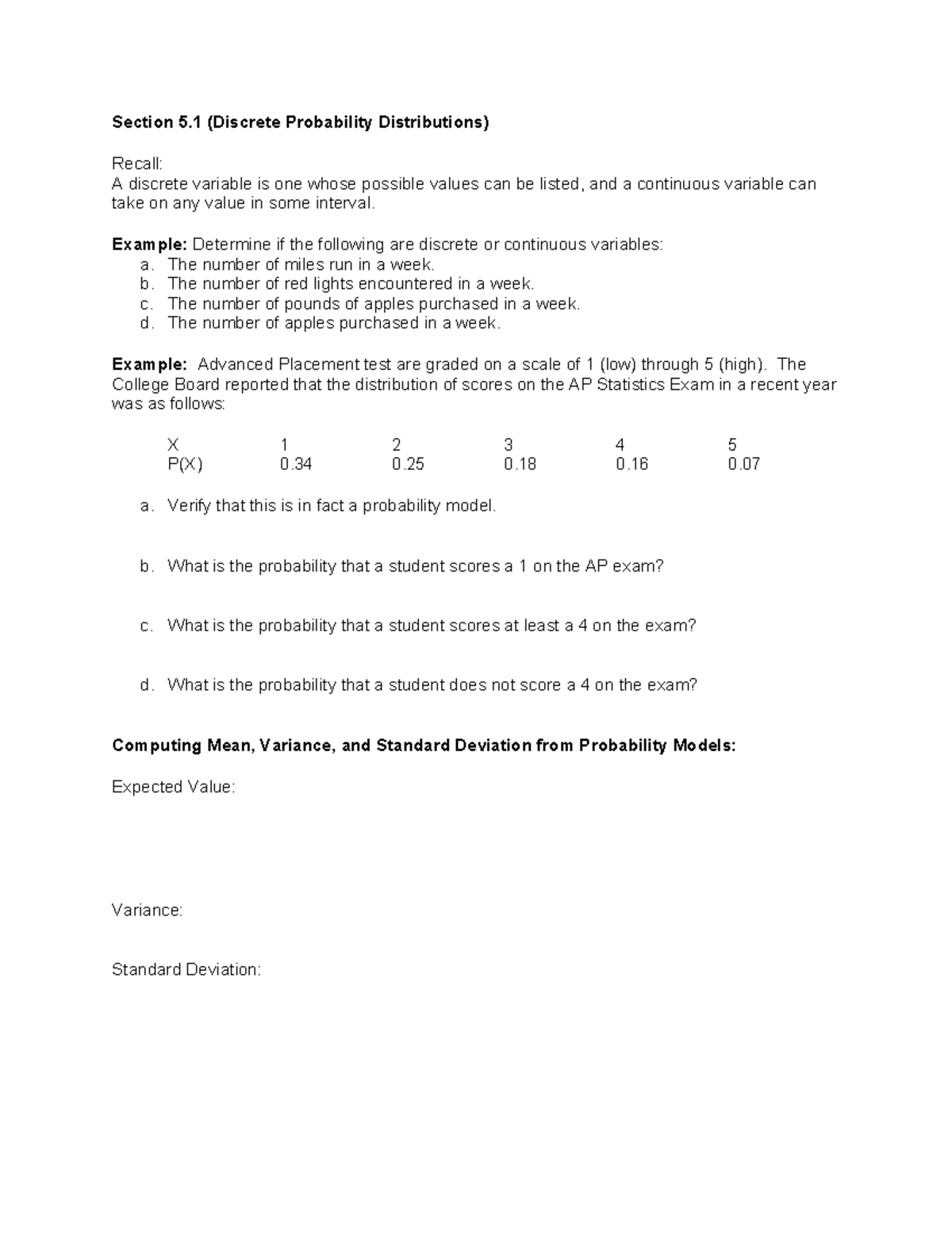 Section 5.1 Notes (Blank) - Section 5 (Discrete Probability ...