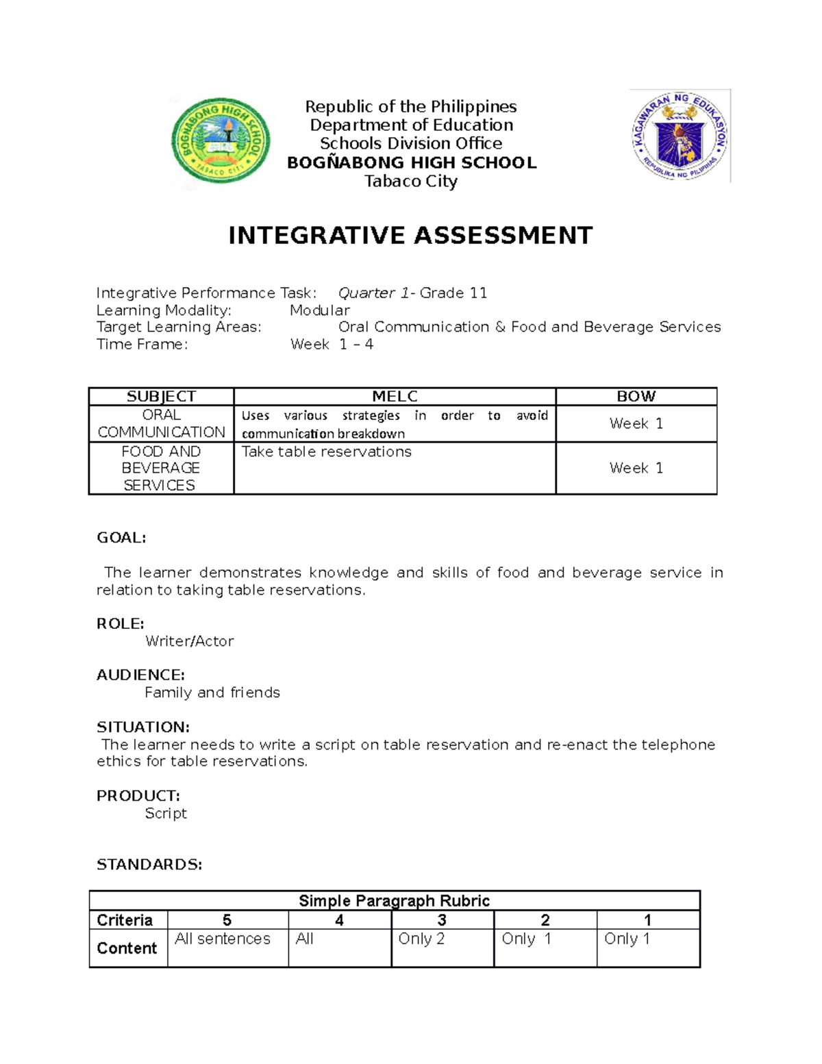 FBS Integrative Assessmet - Republic of the Philippines Department of ...