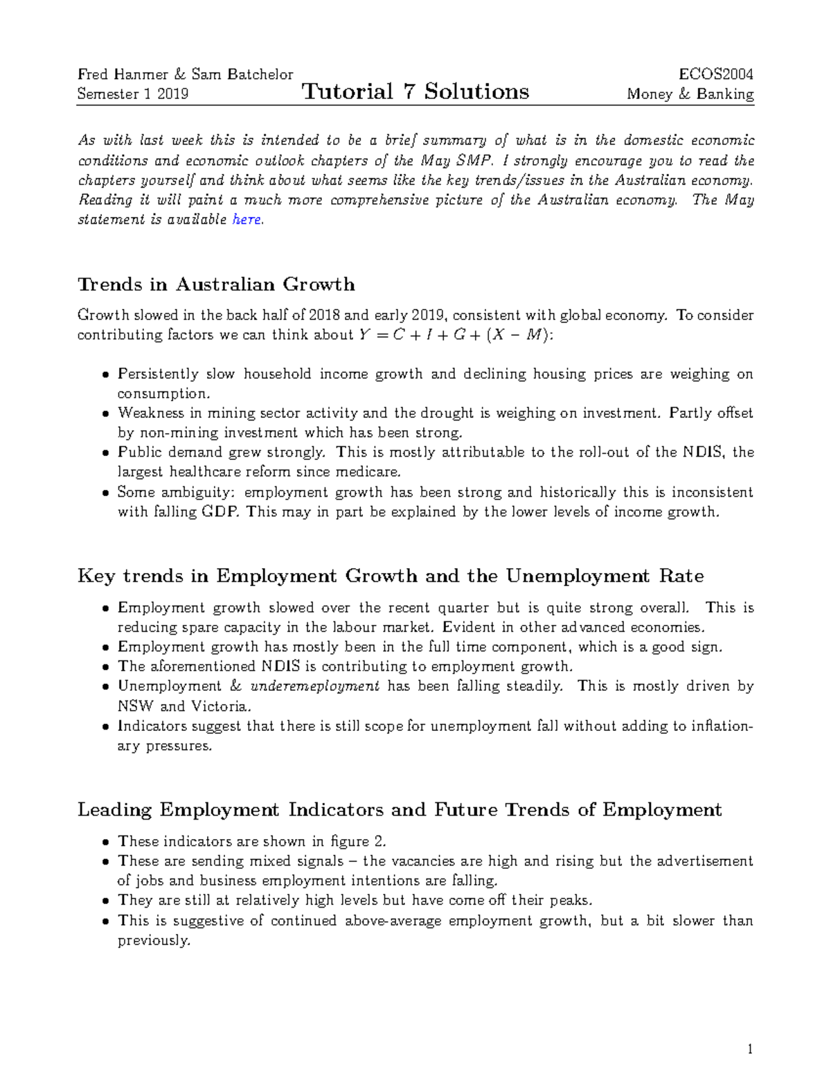 Tutorial 7 Solutions ECOS2004 - Semester 1 2019 Tutorial 7 Solutions ...