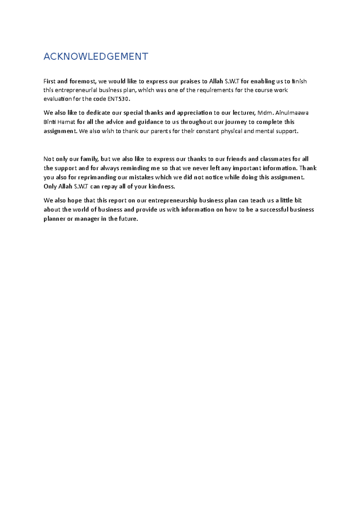 Business plan Ciasto Cafe' ( Latest) - ACKNOWLEDGEMENT First and ...