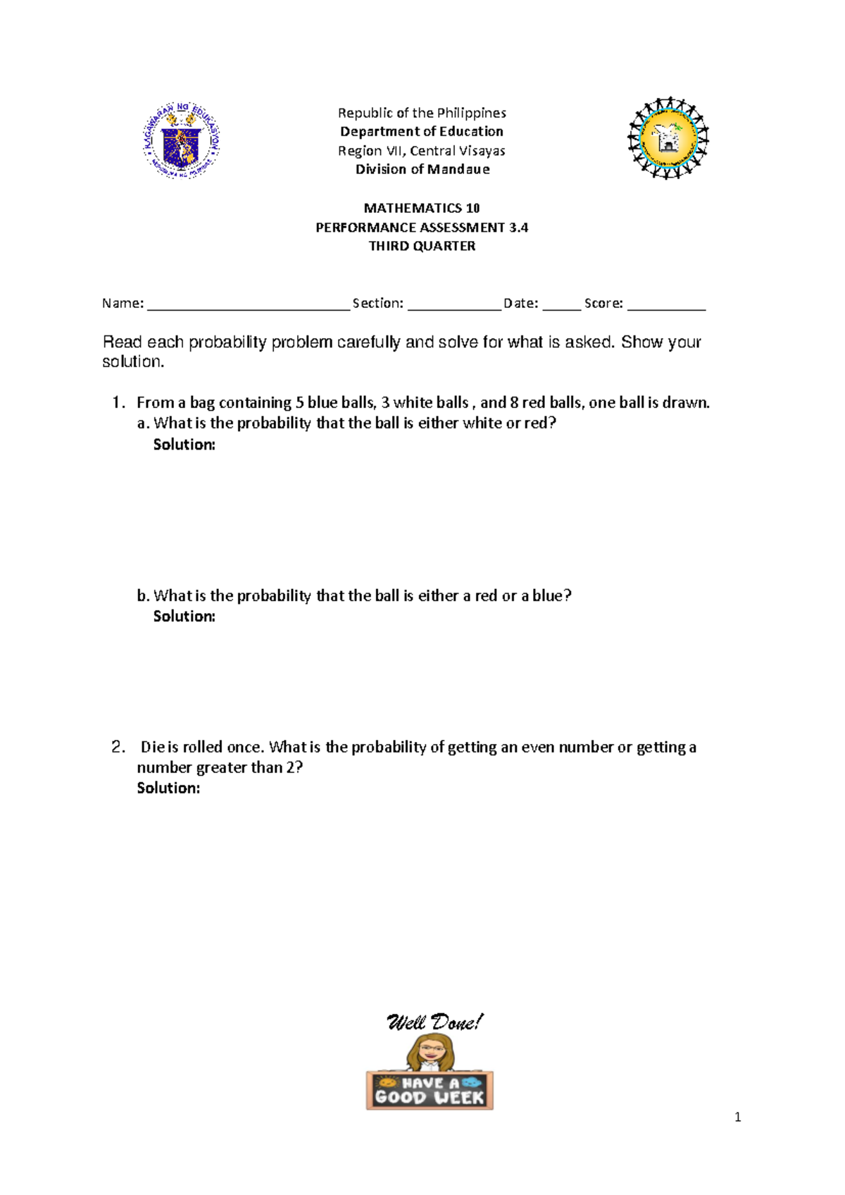 Quarter 3-performance-10 - 1 Republic of the Philippines Department of ...
