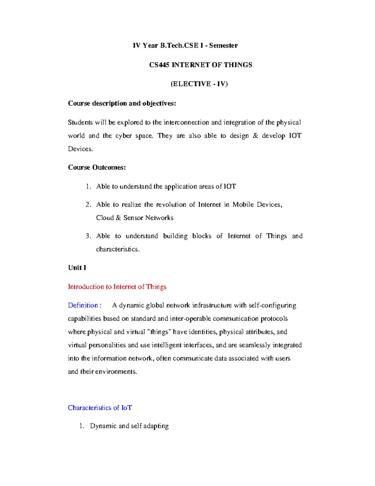 Pdfcoffee - Notes - IV Year B.Tech I Semester CS445 INTERNET OF THINGS ...