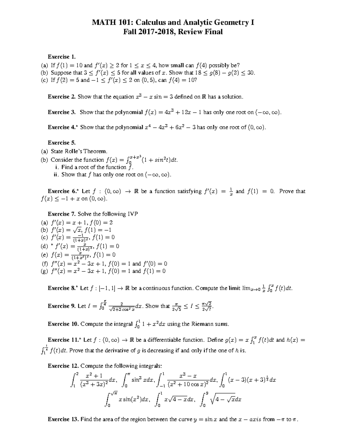 Reviewfinal - review - MATH 101: Calculus and Analytic Geometry I Fall 2017-2018, Review Final ...