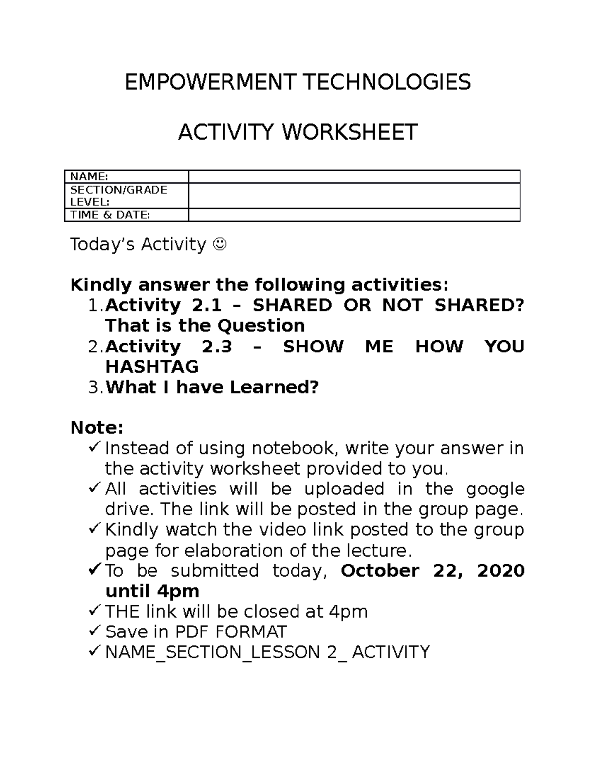 Emtech - activity - EMPOWERMENT TECHNOLOGIES ACTIVITY WORKSHEET NAME ...