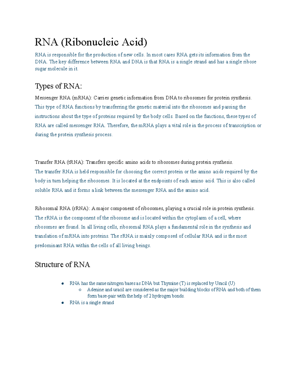 RNA - Notes about different types of RNA and the structure and function ...