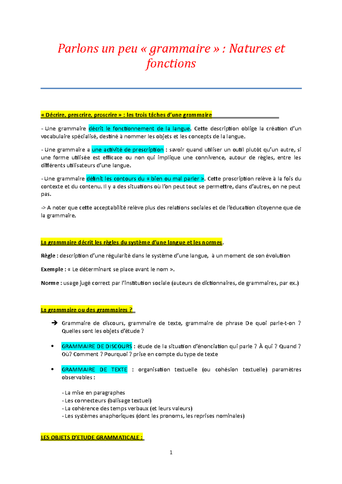 Français Natures et fonctions - Parlons un peu « grammaire » : Natures ...