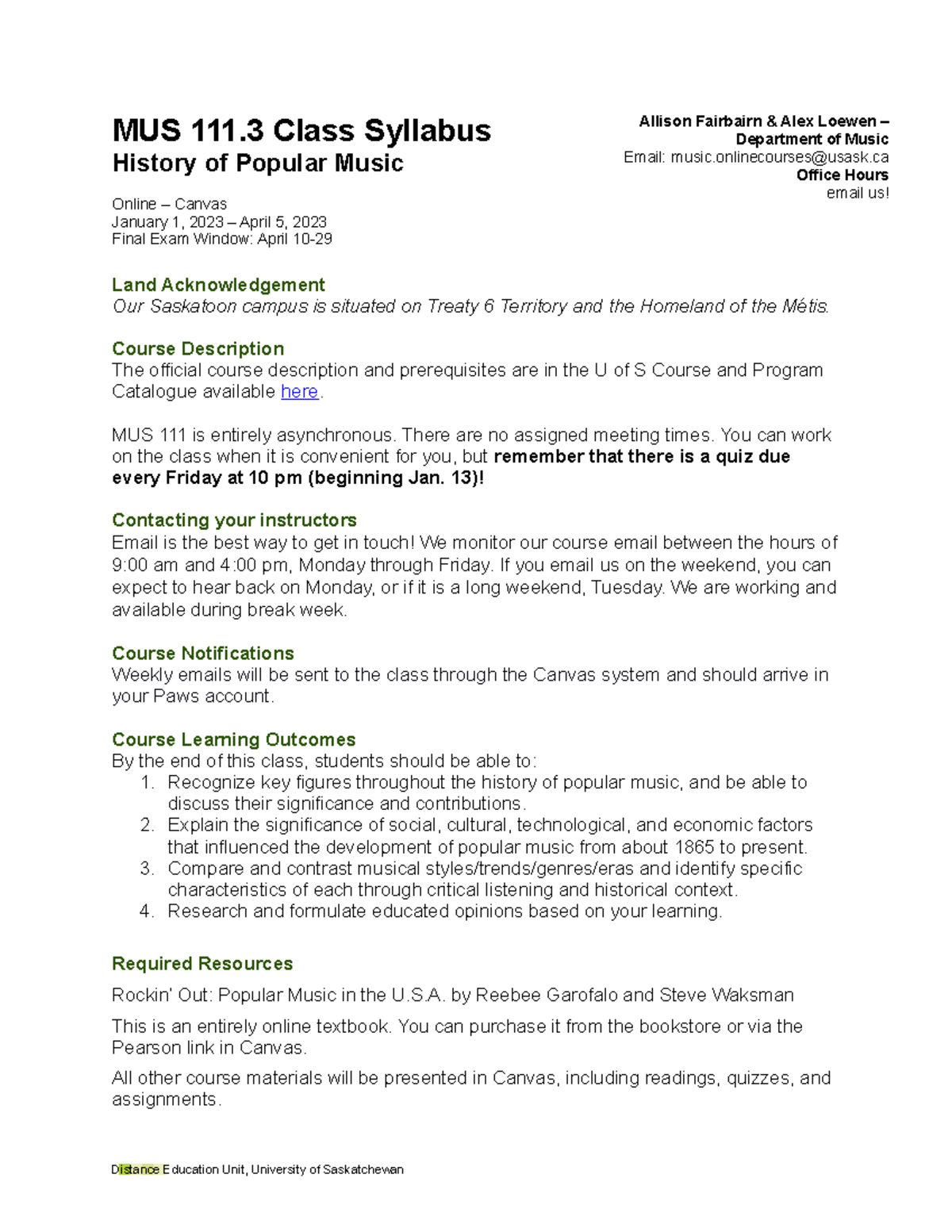 MUS 111 sing dance act - MUS 111 Class Syllabus History of Popular ...