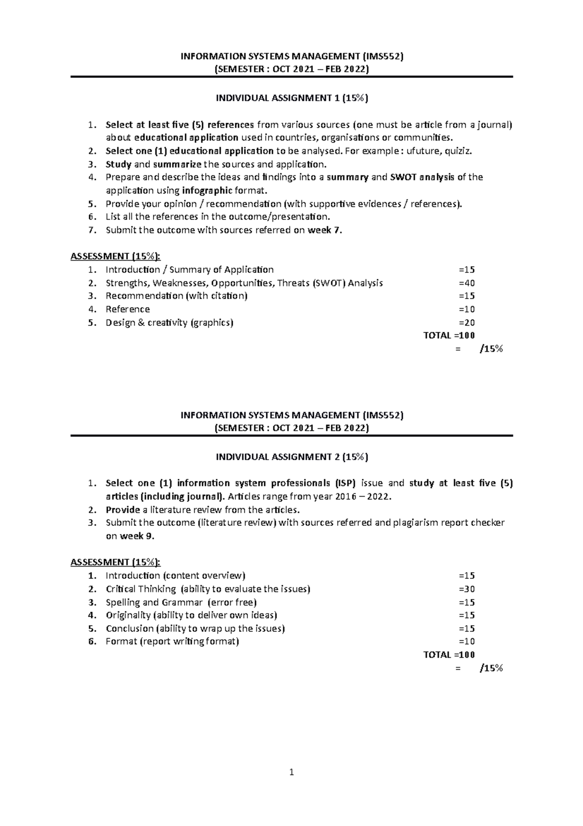 ODL IMS552 Assignment Mar22 - INFORMATION SYSTEMS MANAGEMENT (IMS552) (SEMESTER : OCT 2021 – FEB ...