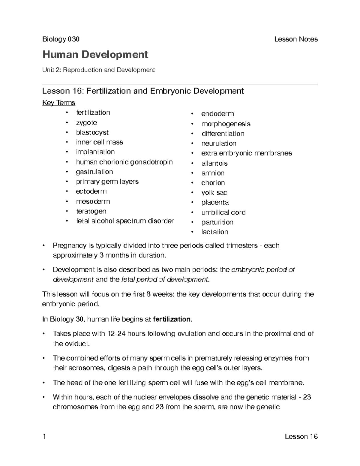 Lesson 16 notes - Human Development Unit 2: Reproduction and ...