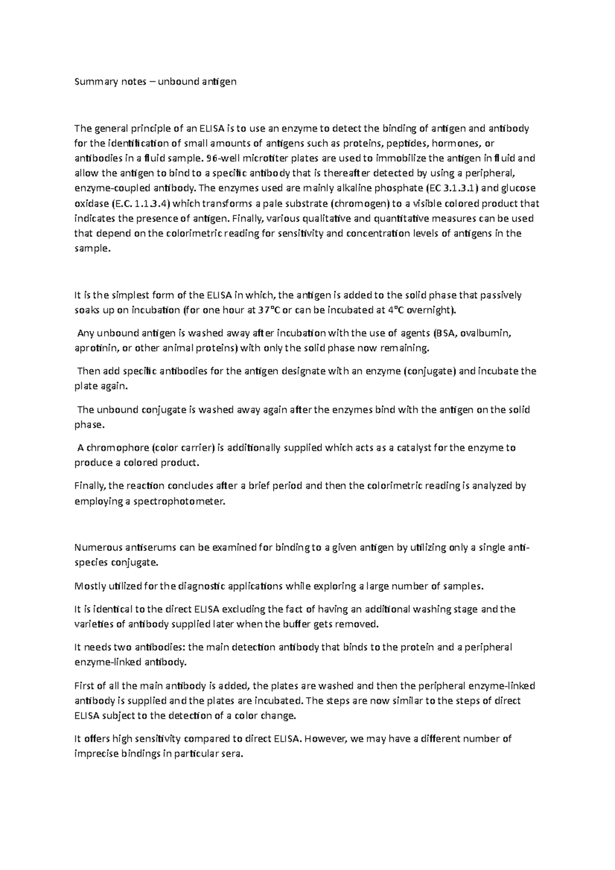 Summary notes – unbound antigen - Summary notes – unbound antigen The ...