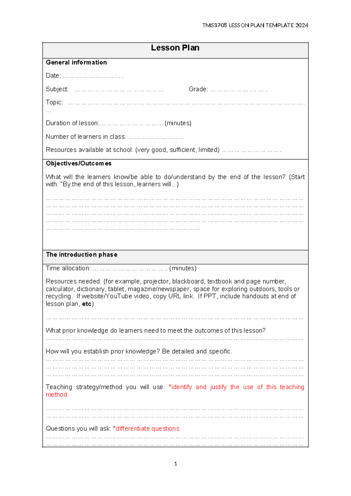 Lesson plan template 2024 - Lesson Plan General information Date