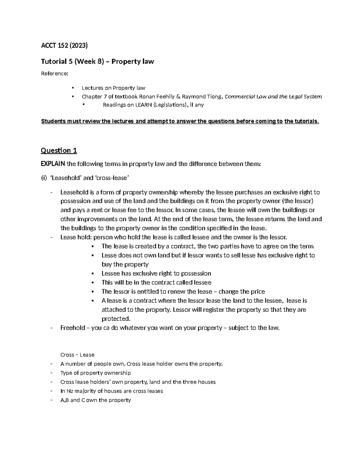 01 Tutorial 5 - Property law Qs (2023) pdf - ACCT 152 (2023) Tutorial 5 (Week 8) – Property law ...
