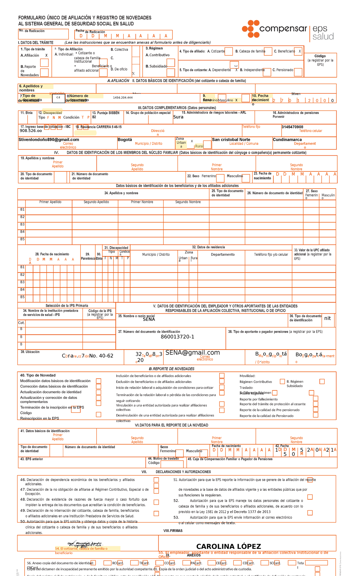 578182663 formulario unico de afiliacion compensar - x FORMULARIO ÚNICO ...