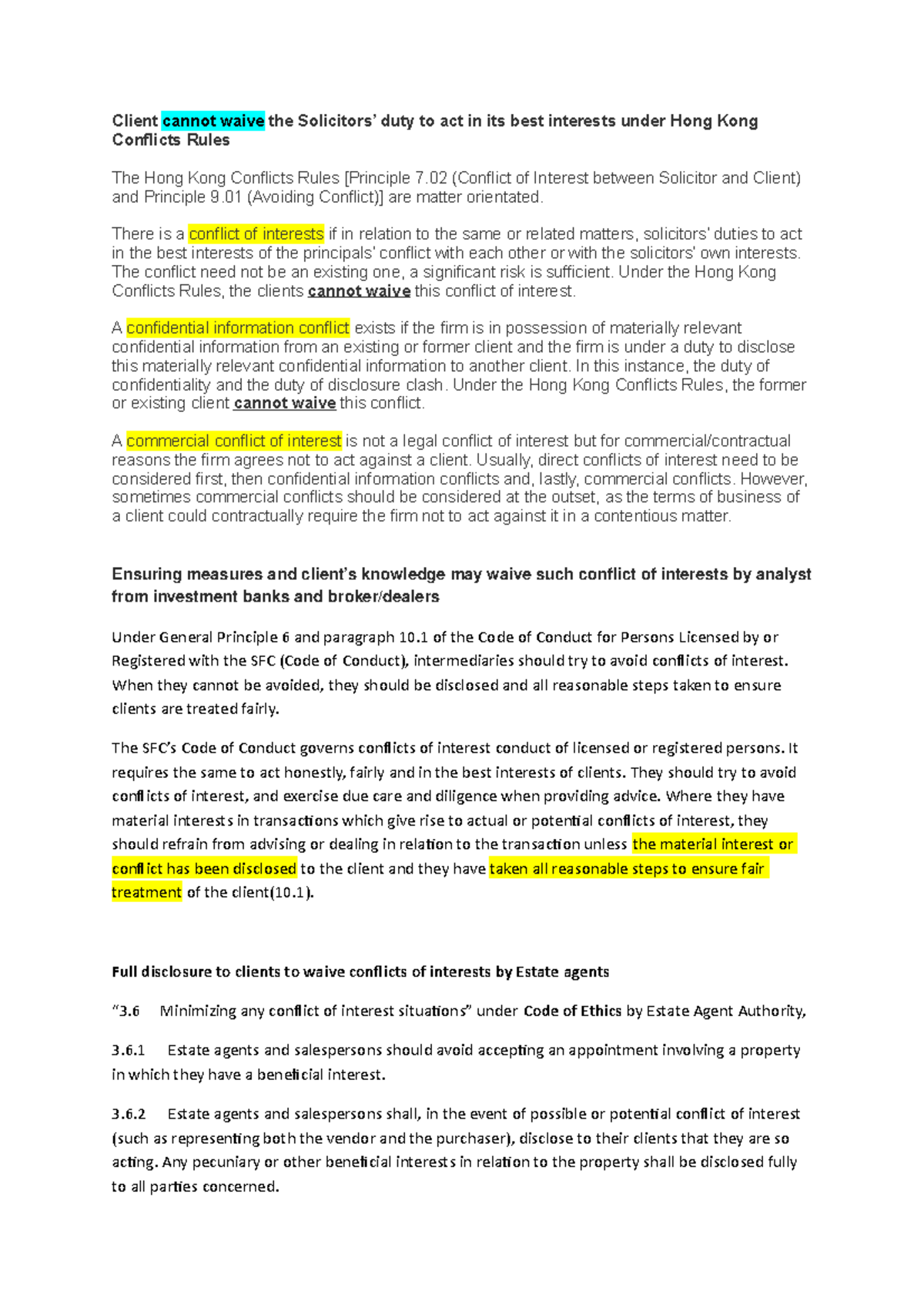 Agent conflict of interest waiver - research draft sharing - Client ...