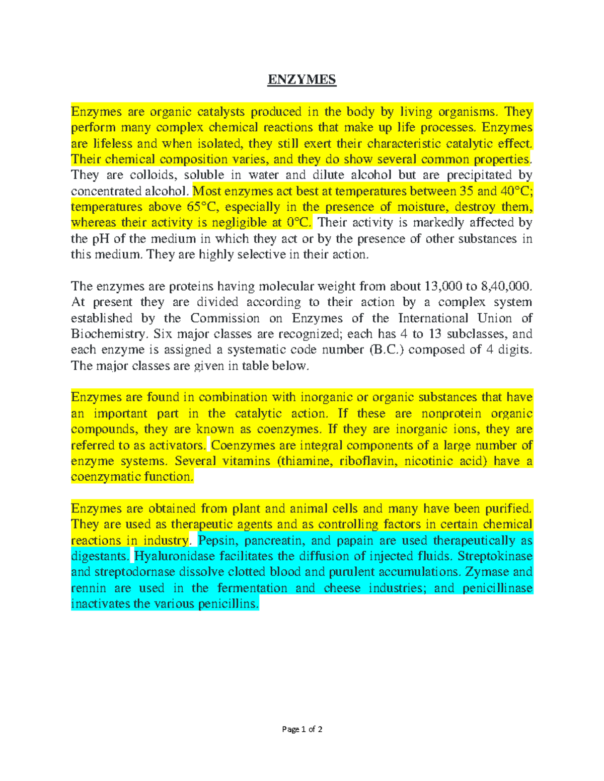 Introduction to Enzymes - Page 1 of 2 ENZYMES Enzymes are organic ...