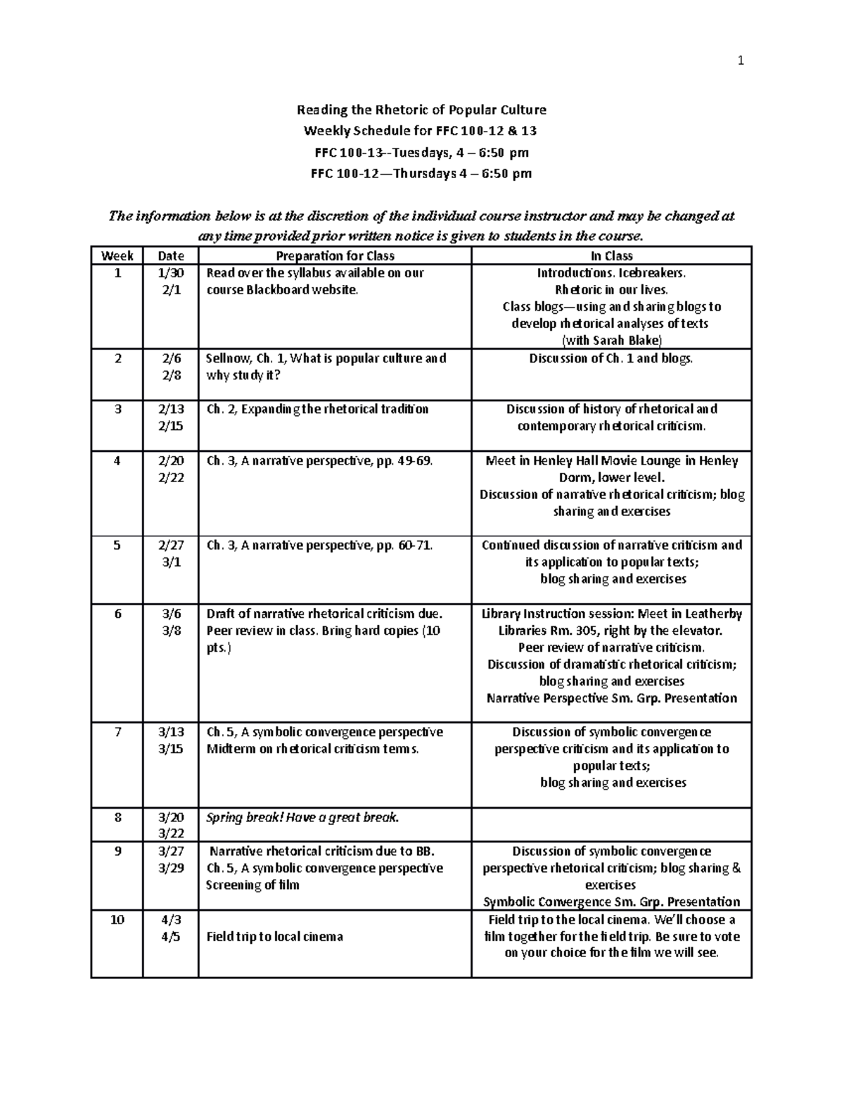 Weekly Schedule FFC 100-12 and 13 Spring 2018 - 1 Reading the Rhetoric ...