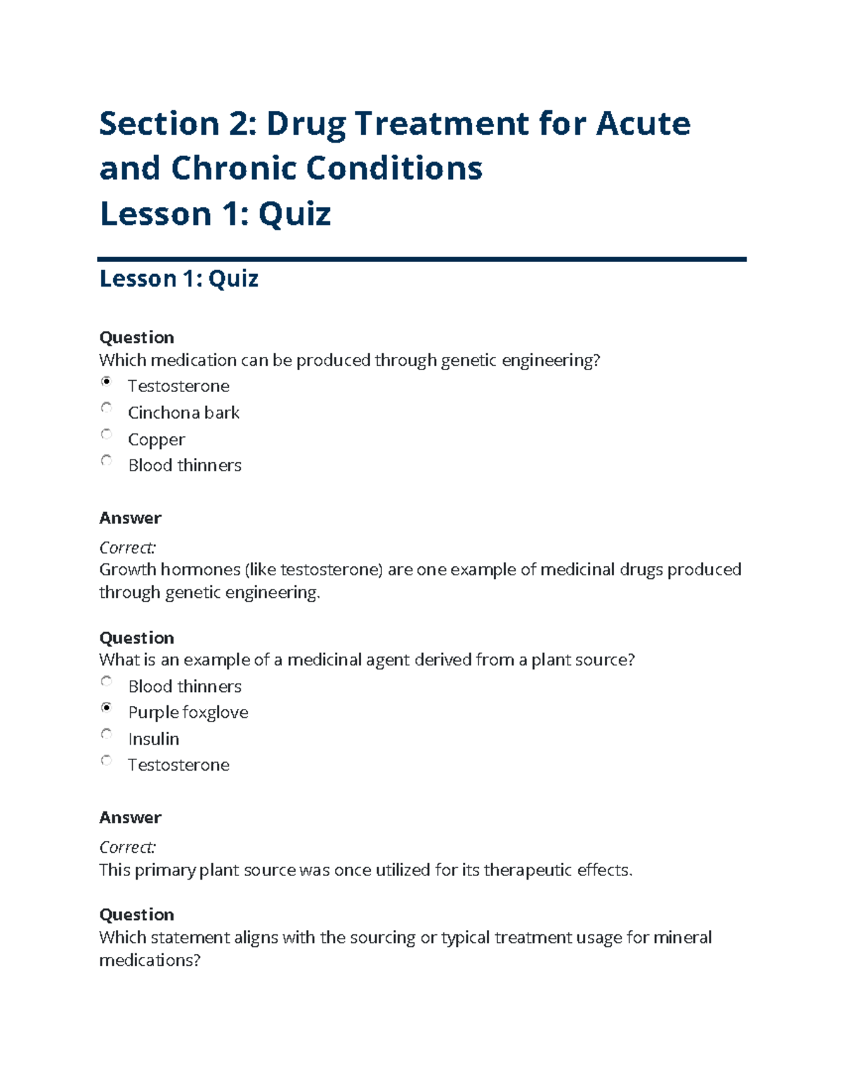 All Section 2 Quizzes and Answers-Drug Treatment for Acute and Chronic ...