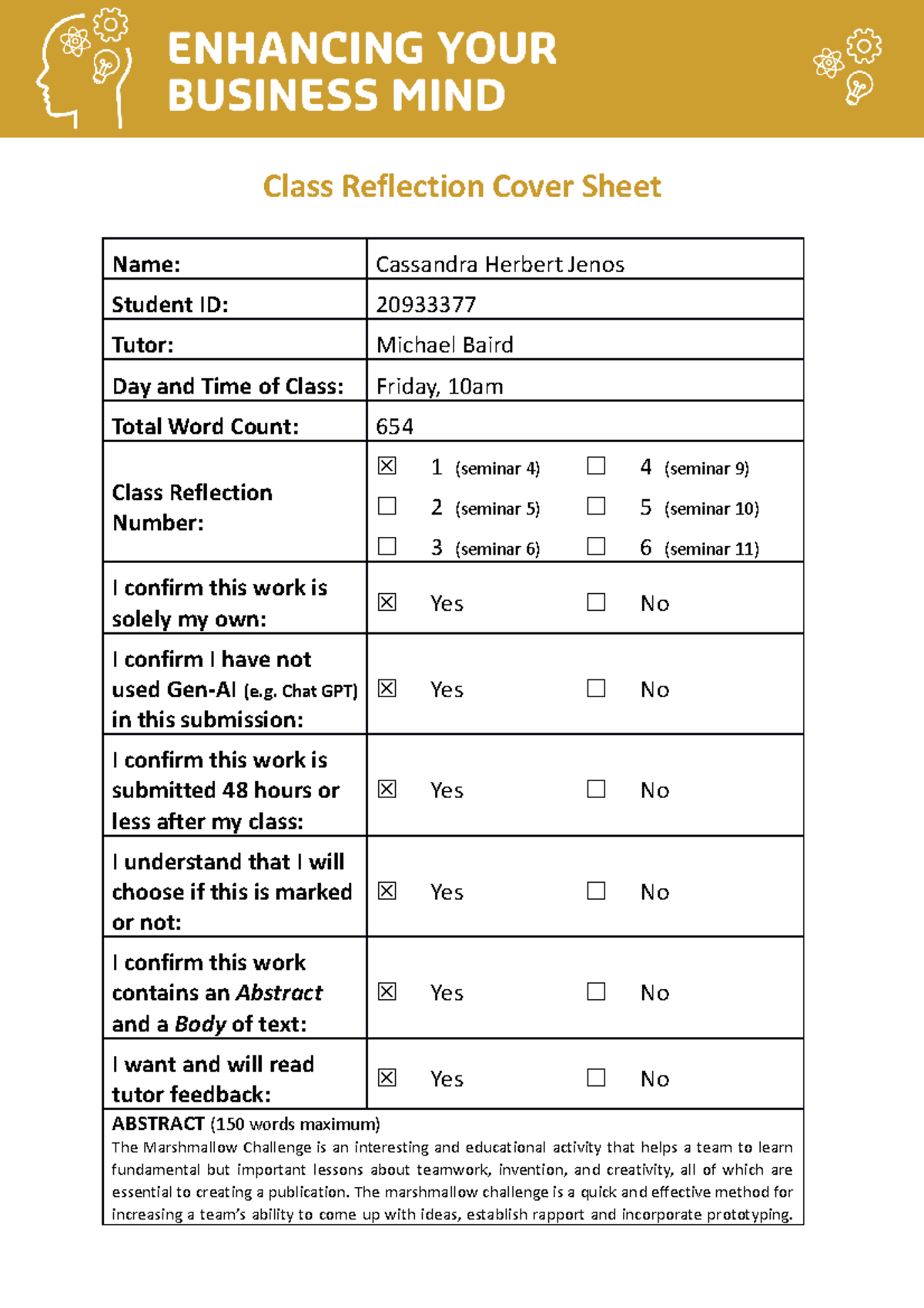 Class reflection 1 - Class Reflection Cover Sheet Name: Cassandra ...
