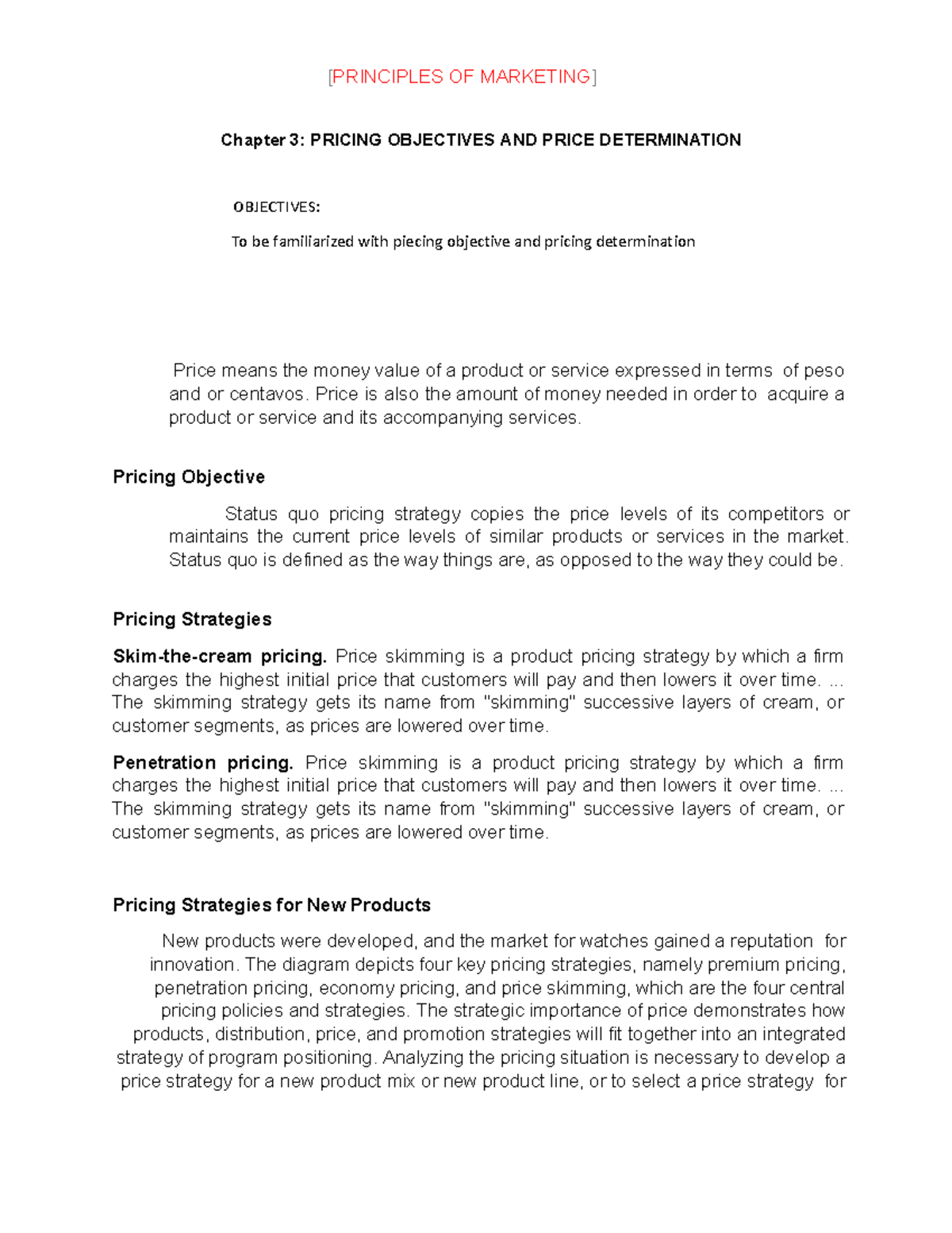 Chapter 3 - Pricing Objectives AND Price Determination - MODULE [PRINCIPLES OF MARKETING ...