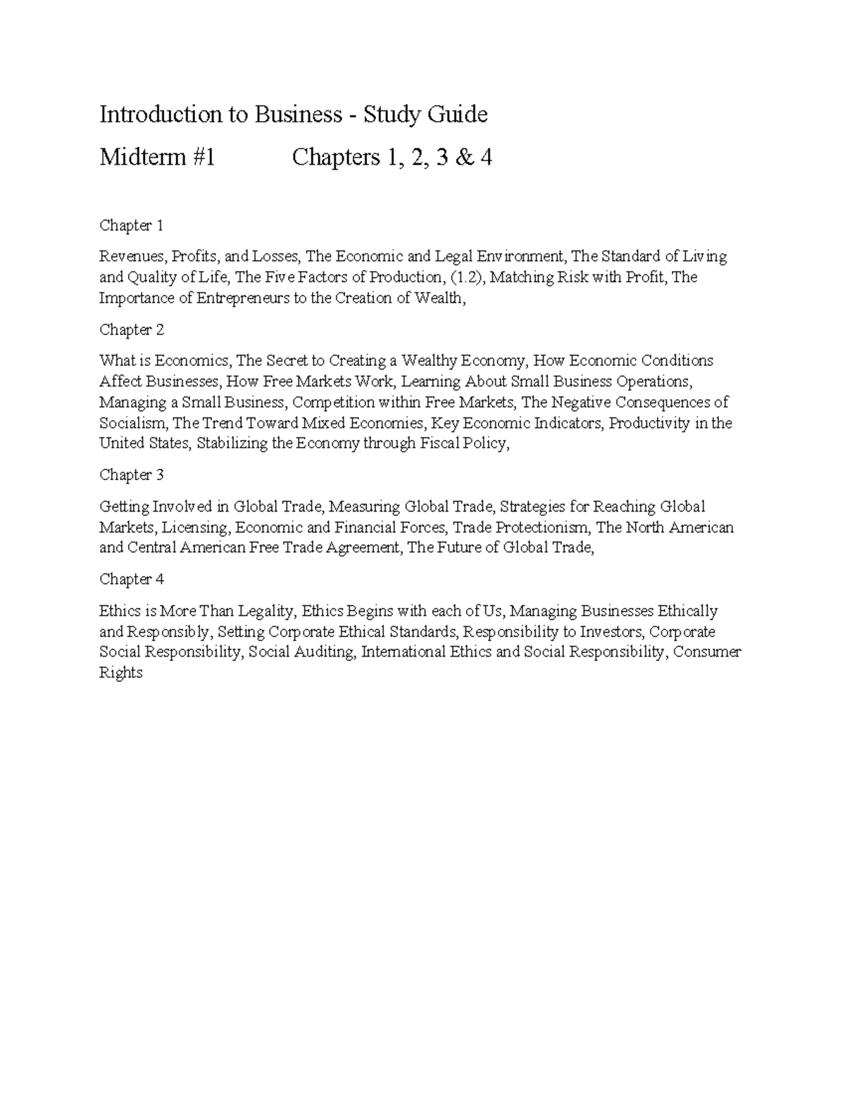 Midterm #1 Study Guide Intro to Bus Winter 2024 - Introduction to Business - Study Guide Midterm ...