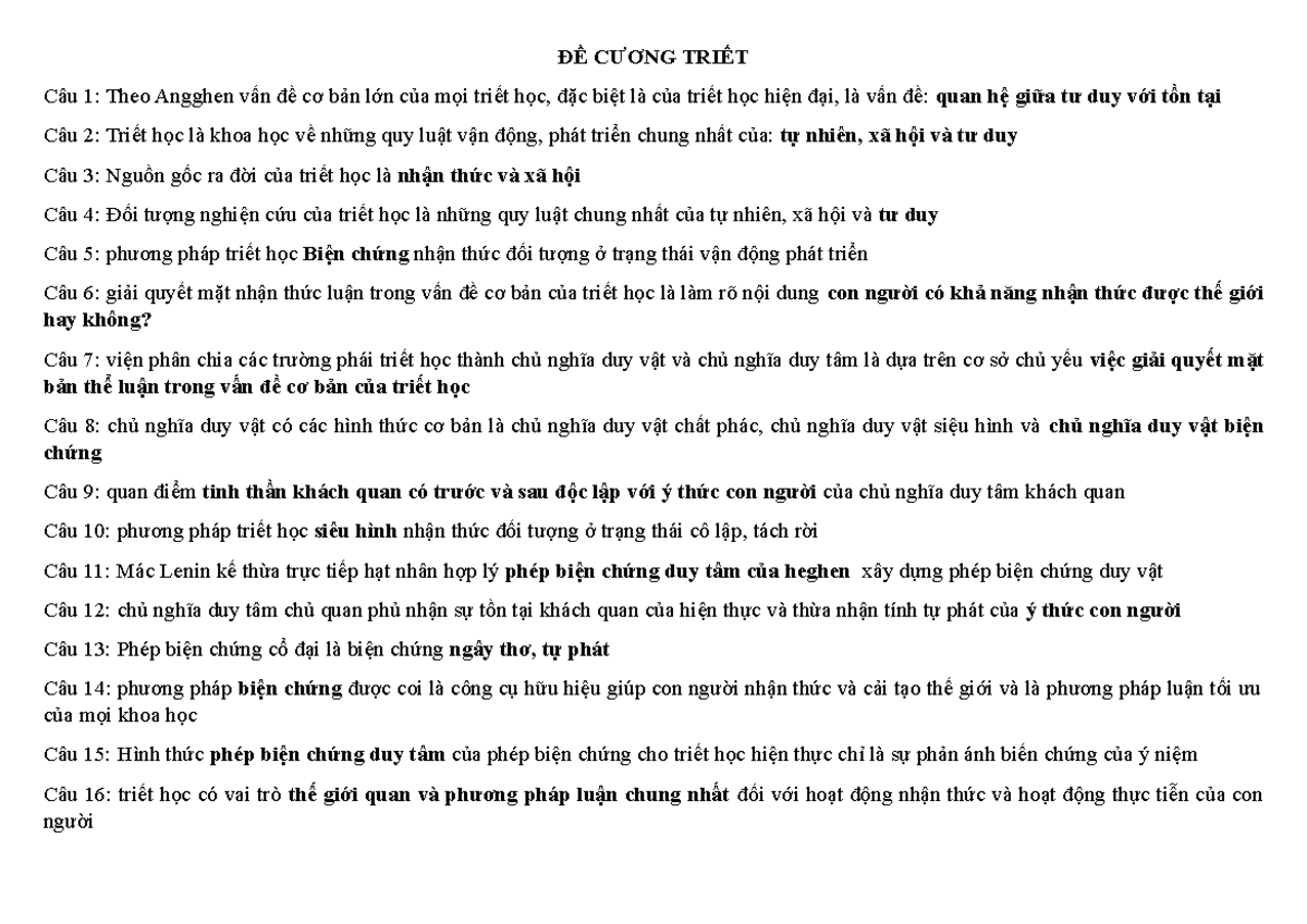 400 Câu Hỏi Triết Cuối Kì I - ĐỀ CƯƠNG TRIẾT Câu 1: Theo Angghen vấn đề ...