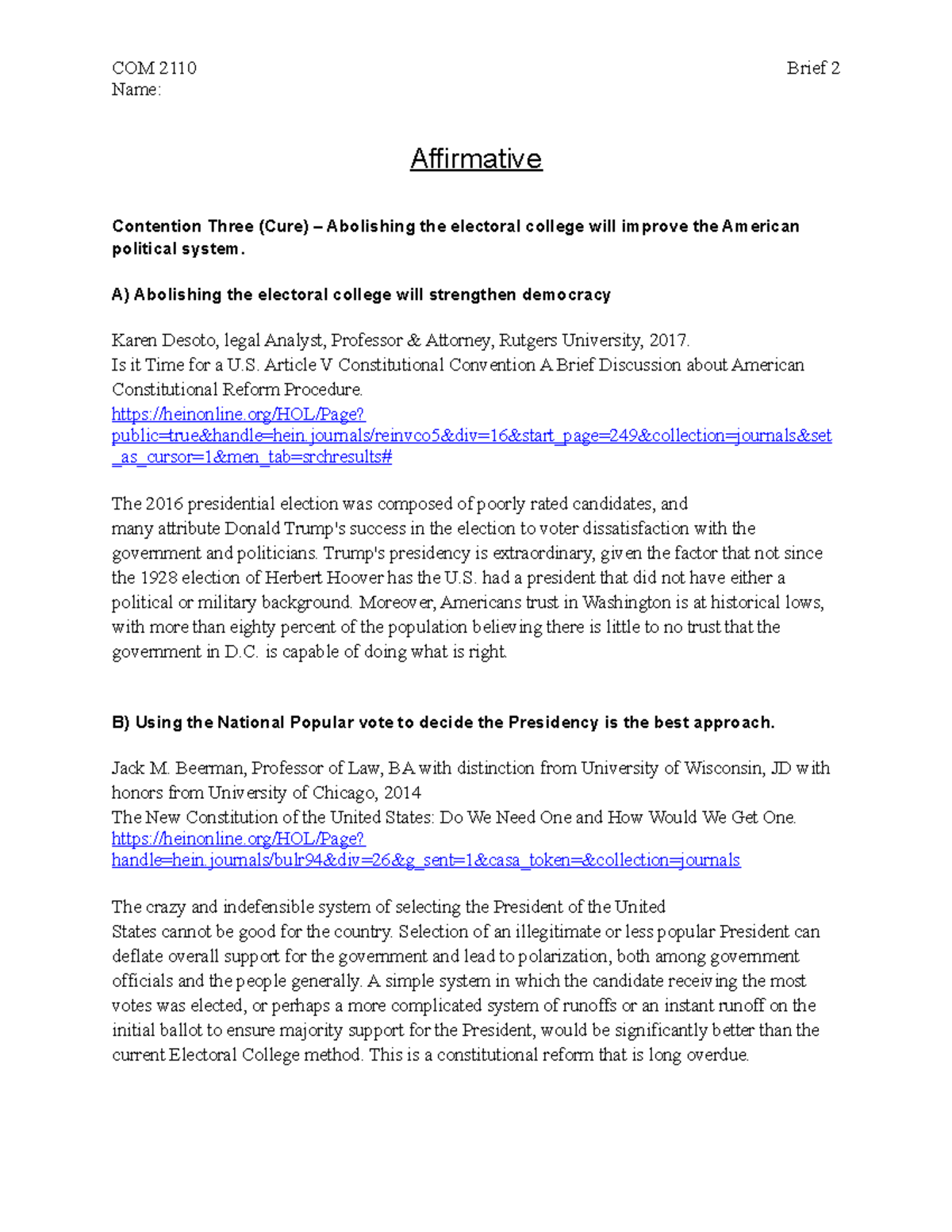 Brief 2 - Electoral College - Aff Fall 19 - COM 2110 Brief 2 Name ...