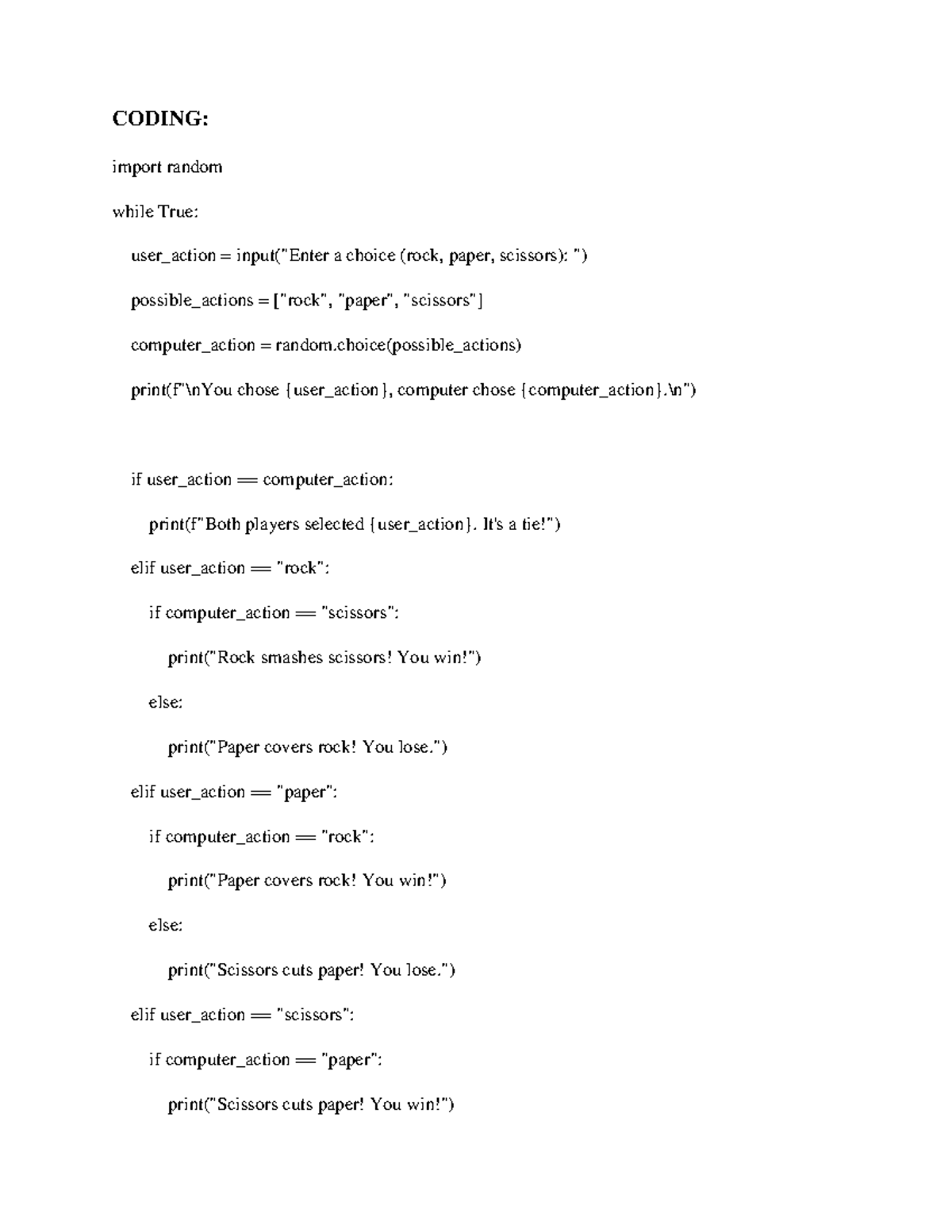 Python Program Coding Import Random While True Useraction Inputenter A Choice Rock 