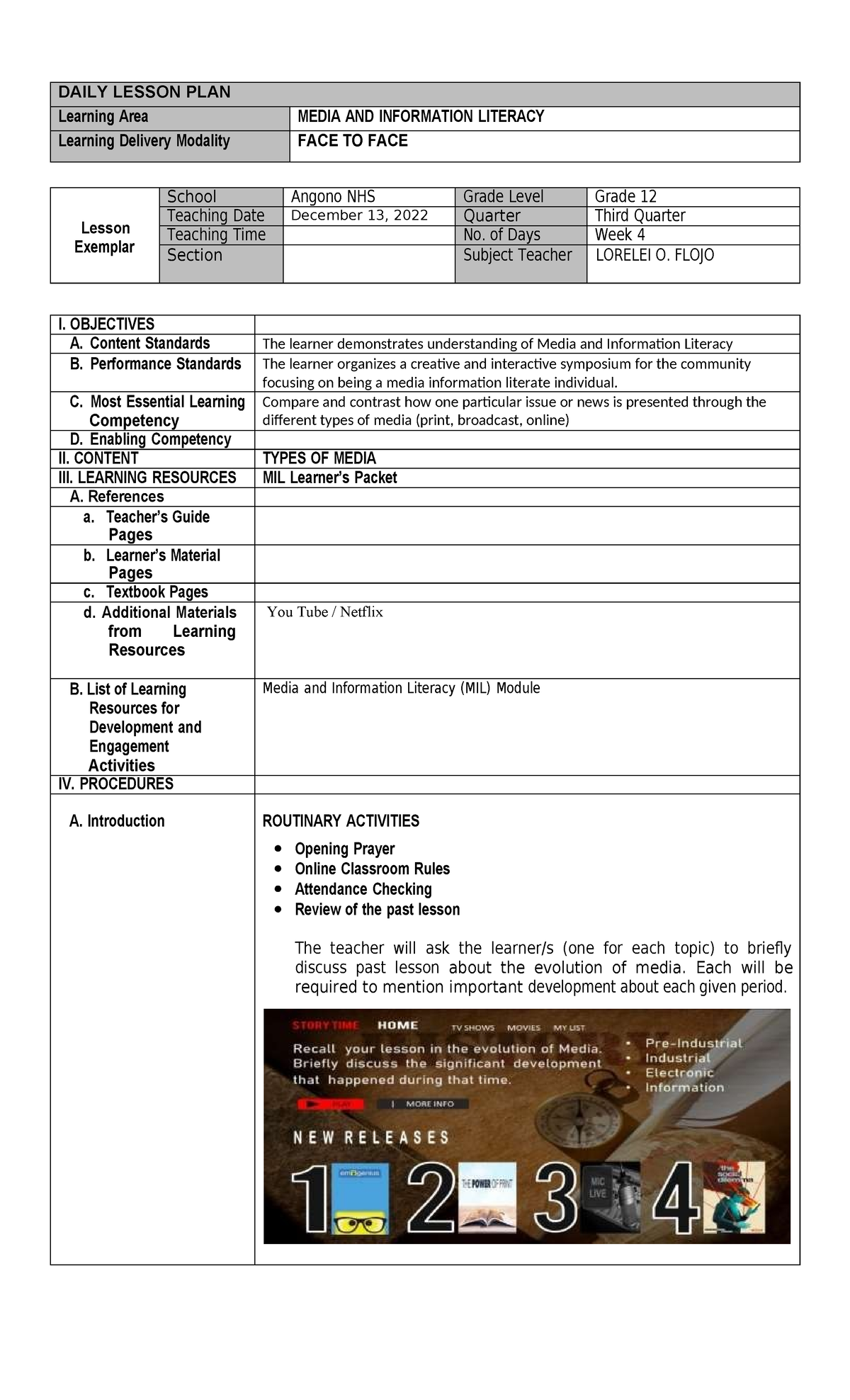 SHS MIL - SHS MATERIALS - DAILY LESSON PLAN Learning Area MEDIA AND ...