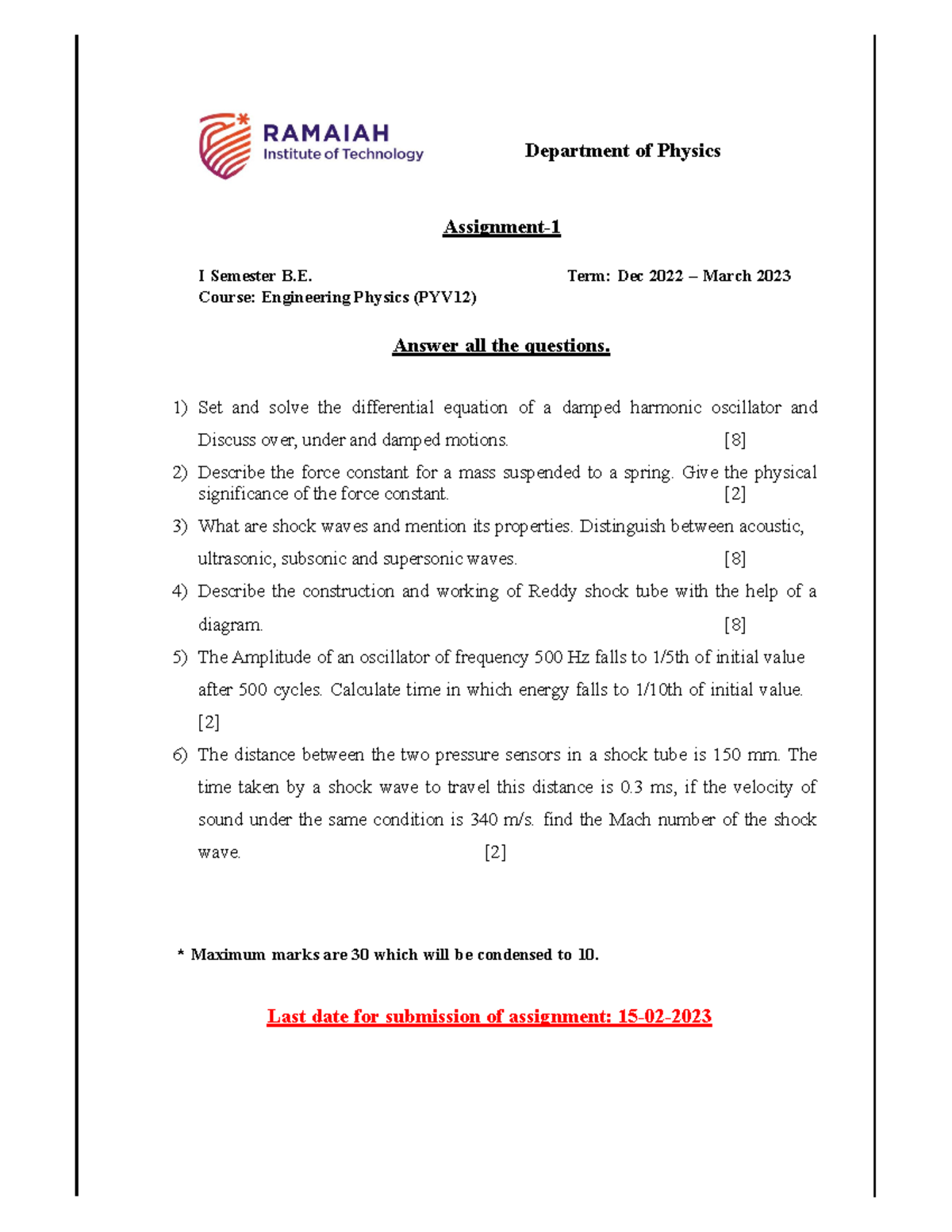 Physics Assignment 1 Jan 2023 - Department of Physics Assignment- I ...