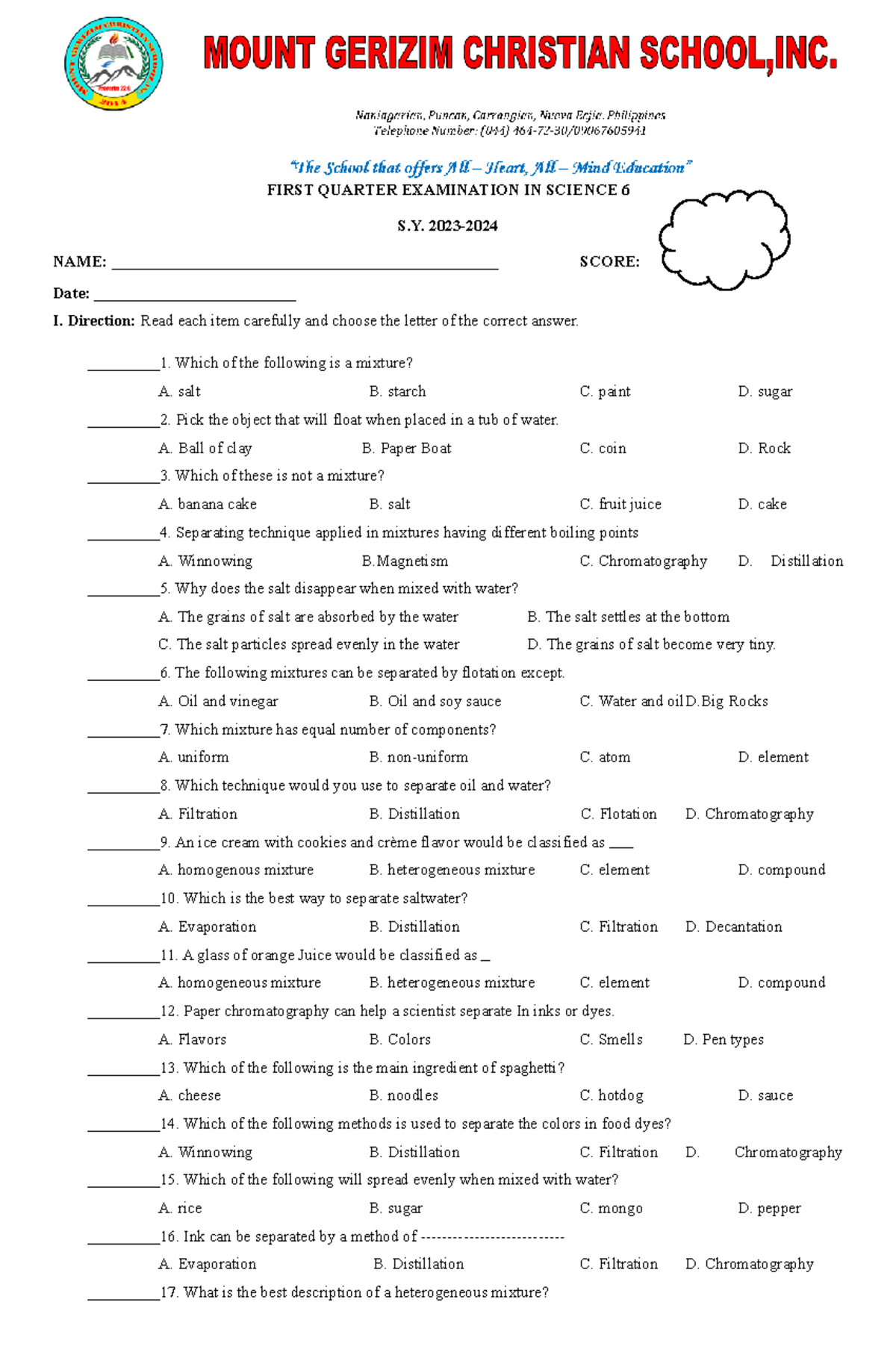 First Quarter Examination IN Science 6 ORG - FIRST QUARTER EXAMINATION ...