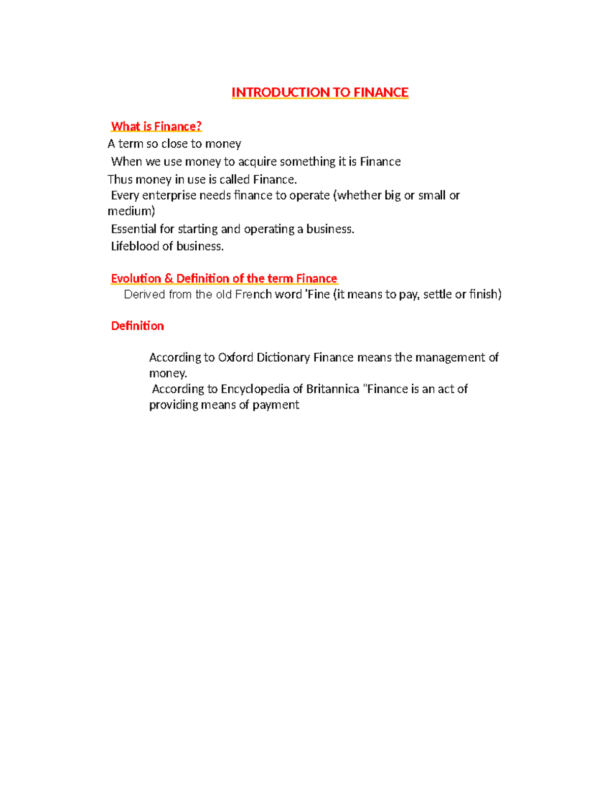 Introduction to finance - INTRODUCTION TO FINANCE What is Finance? A ...