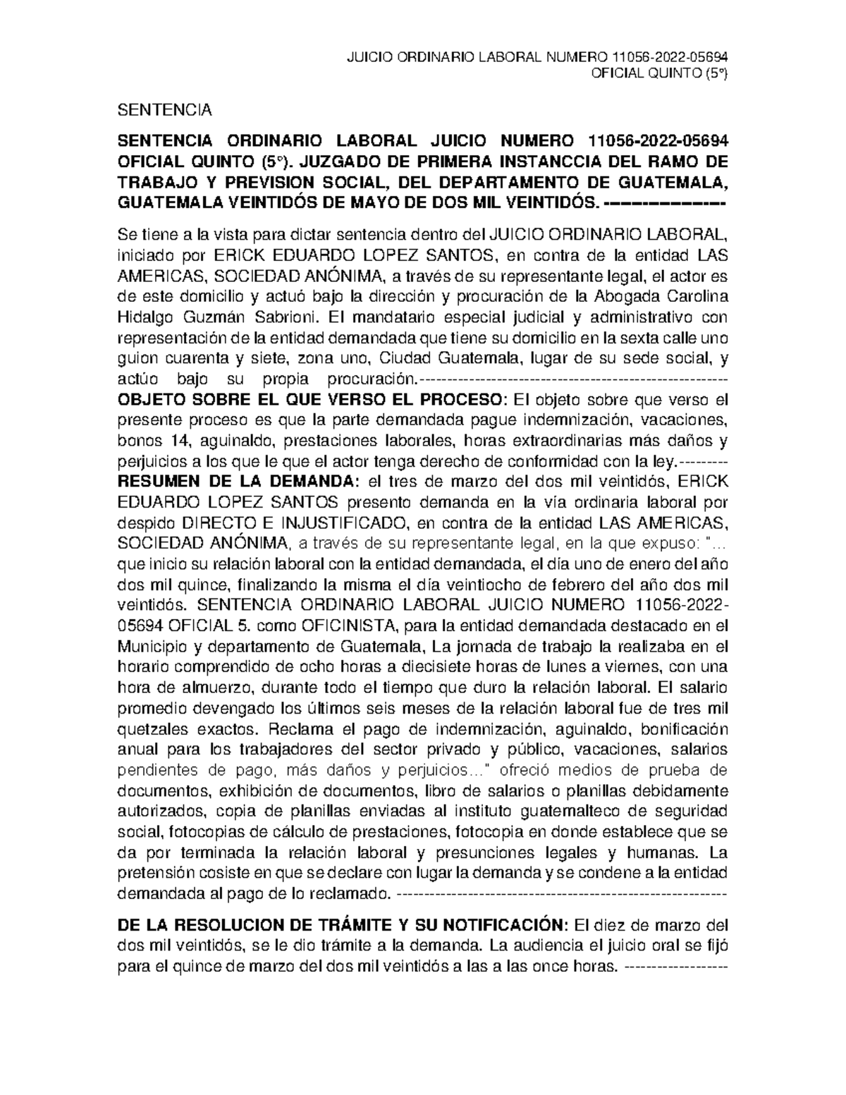 Sentencia Final - Memorial de demanda laboral - OFICIAL QUINTO (5 ...