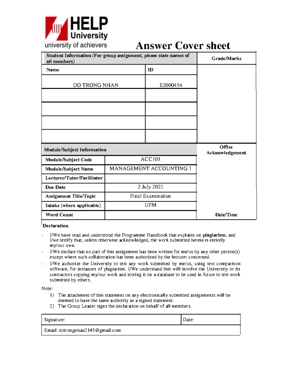 ACC103 DO Trong NHAN E2000 454 - Answer Cover sheet Student Information ...