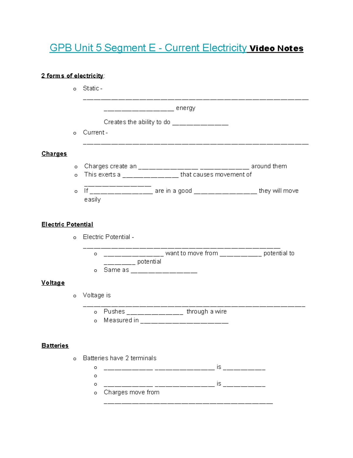 Copy of Copy of Video Notes electric current and ohms - GPB Unit 5 ...