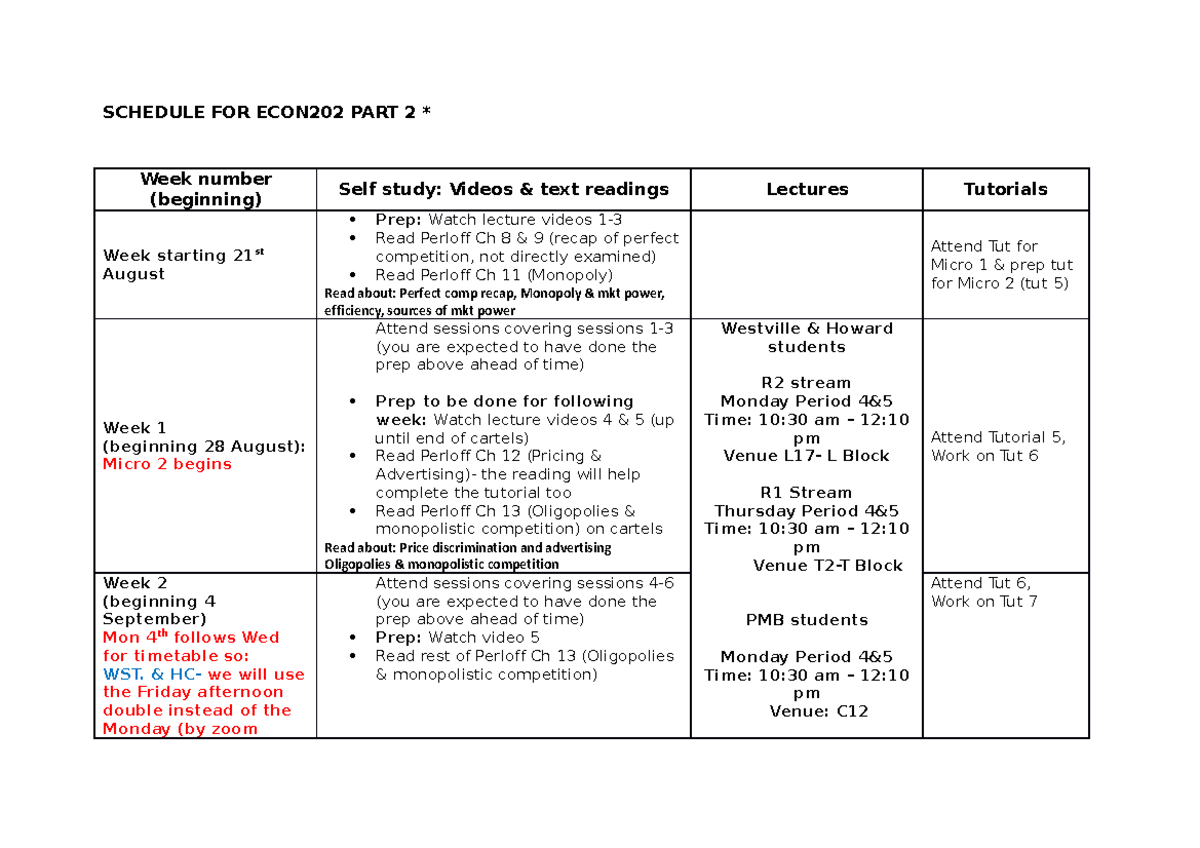 Micro 2 Schedule - tutorial - SCHEDULE FOR ECON202 PART 2 * Week number ...