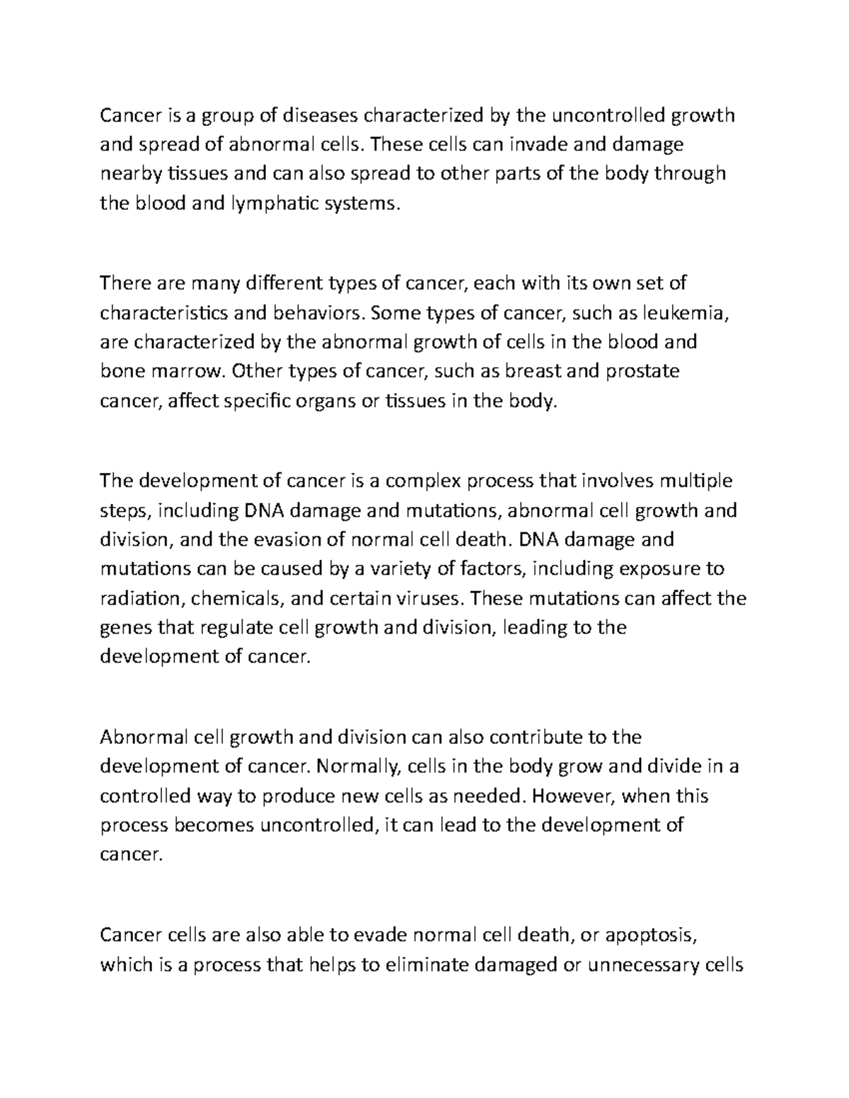 Cancer biology summary - Cancer is a group of diseases characterized by ...