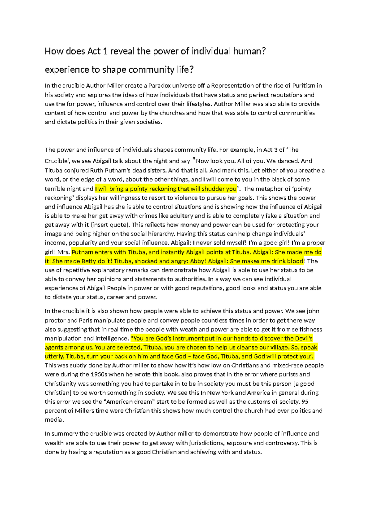 Crucible 1 - How does Act 1 reveal the power of individual human ...