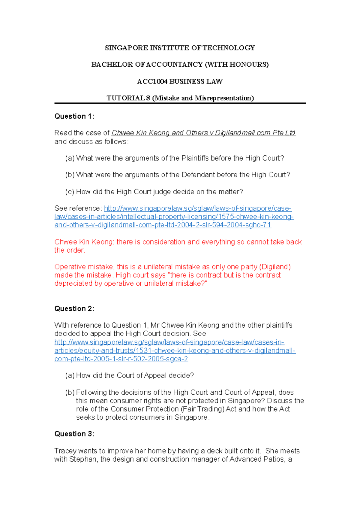 SIT.Tutorial.8 (Mistake and Misrepresentation)[9915] - SINGAPORE ...