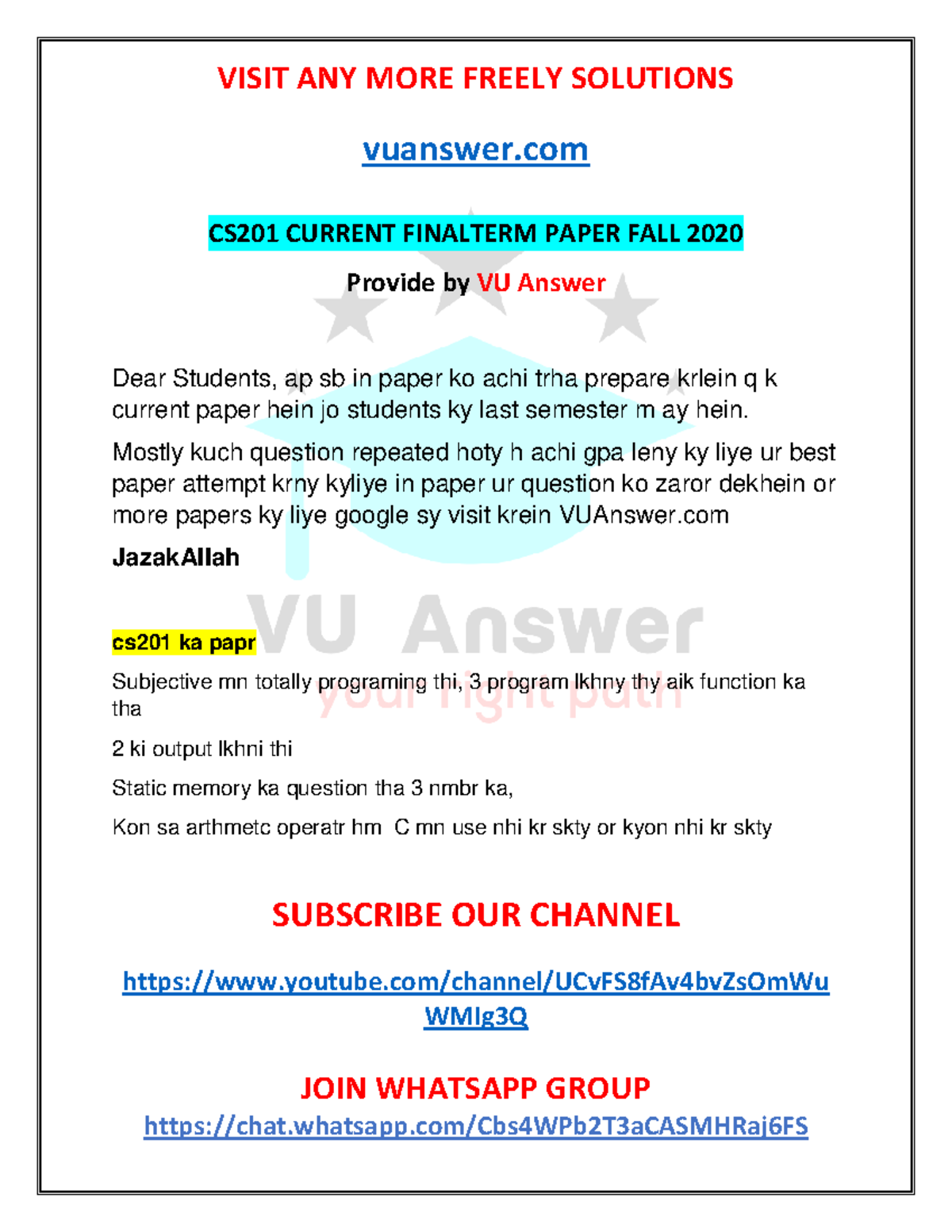 Cs201 2020 Final Paper Current By Vu Answer Vuanswer Subscribe Our