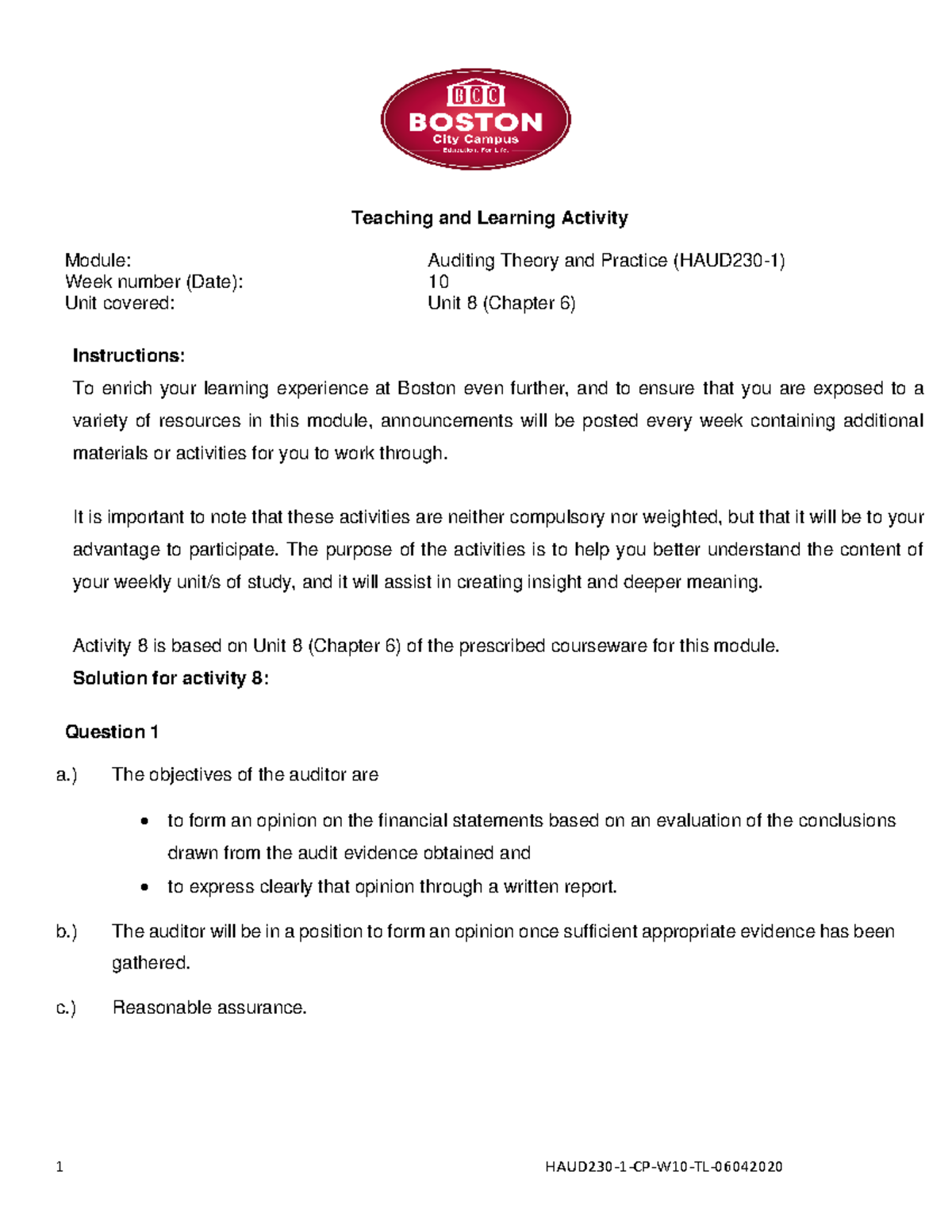 HAUD230-1-TL-Week10, Unit8, Chapter 6-MS- Solution - Module: Auditing ...