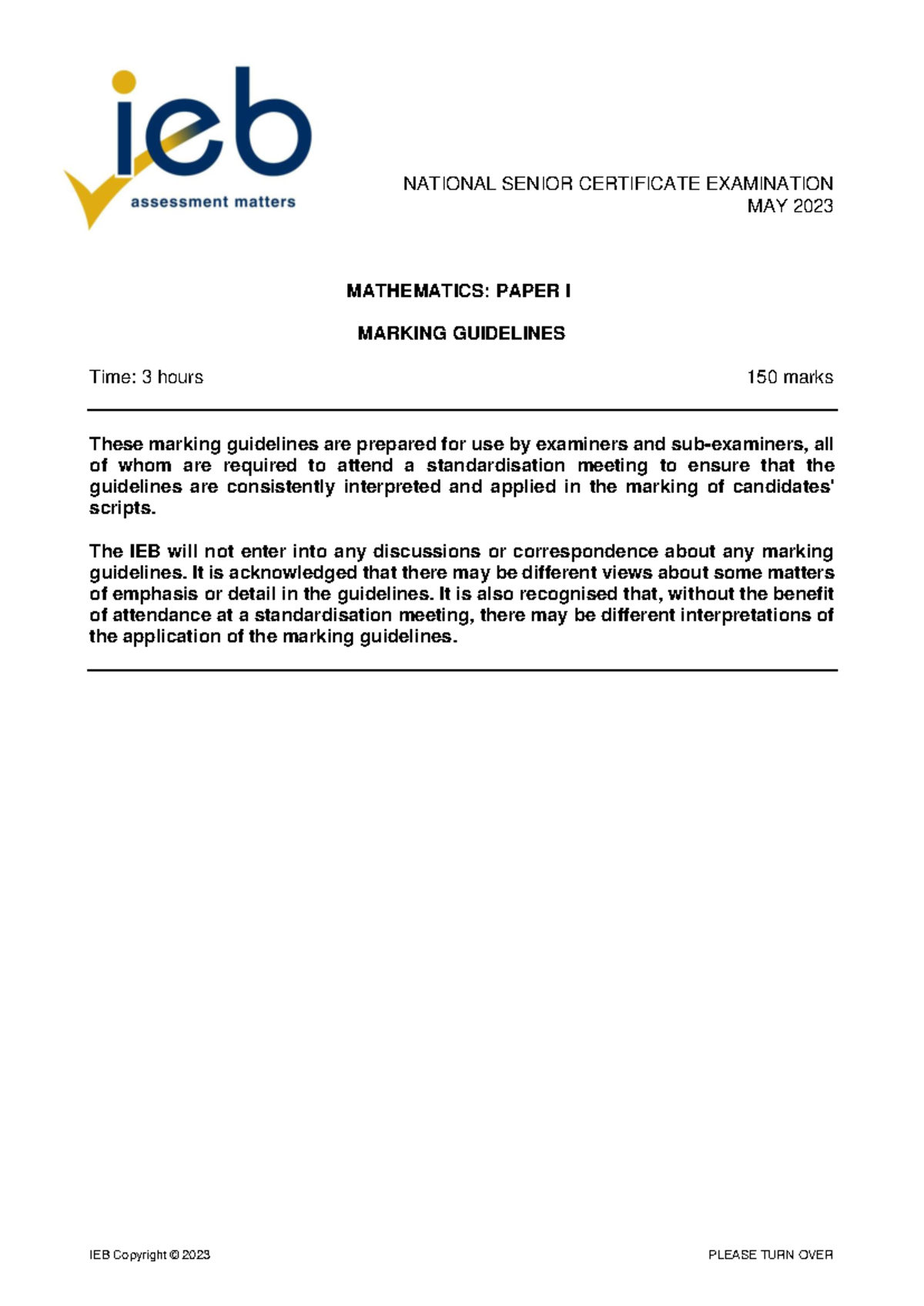 2023 IEB Mathematics P1 Memo May 2023 - NATIONAL SENIOR CERTIFICATE ...