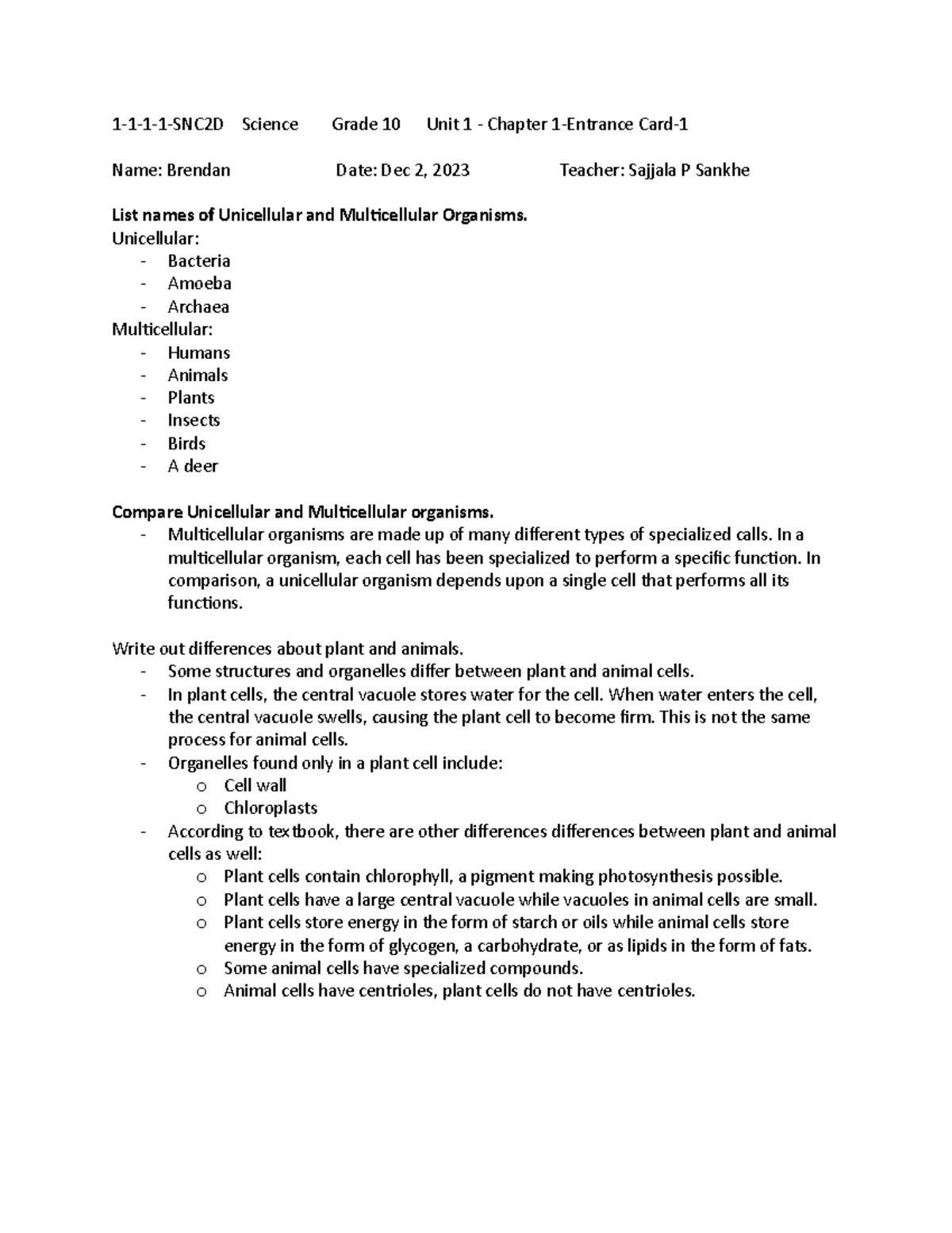 Brendan-Unit1- Lesson 1- Entrance Card1 - 1 - 1 - 1 - 1 - SNC2D Science ...