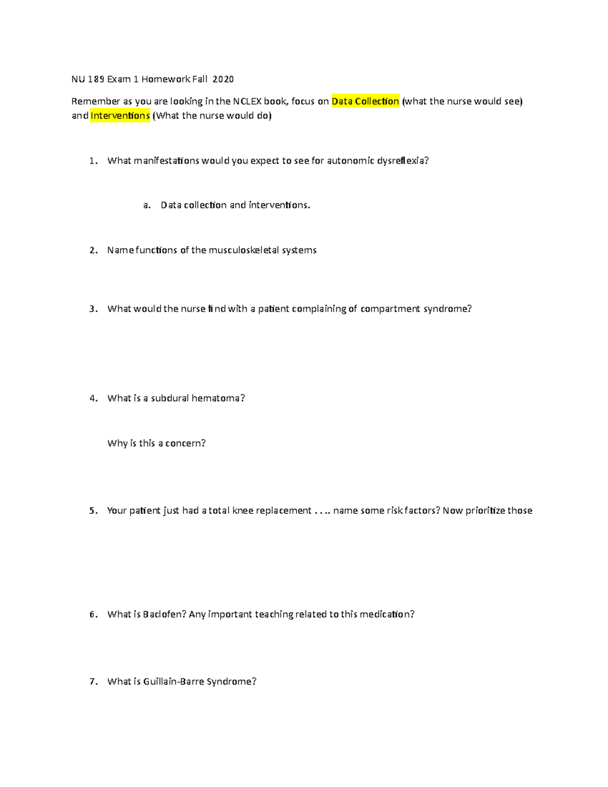 NU 189 Homework Exam #1 Preparation Fall 2020 - NU 189 Exam 1 Homework ...