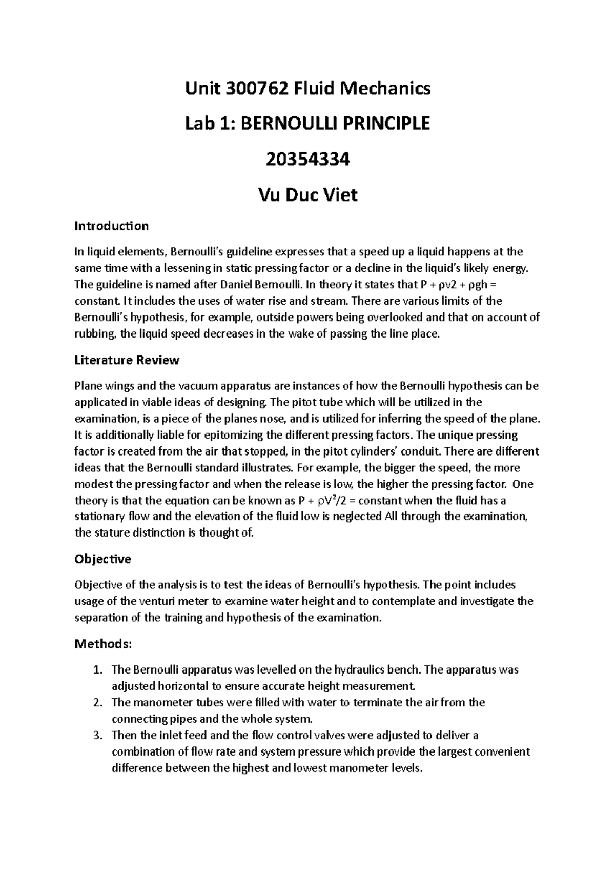 Lab 1 Bernoulli Principle - Unit 300762 Fluid Mechanics Lab 1 ...