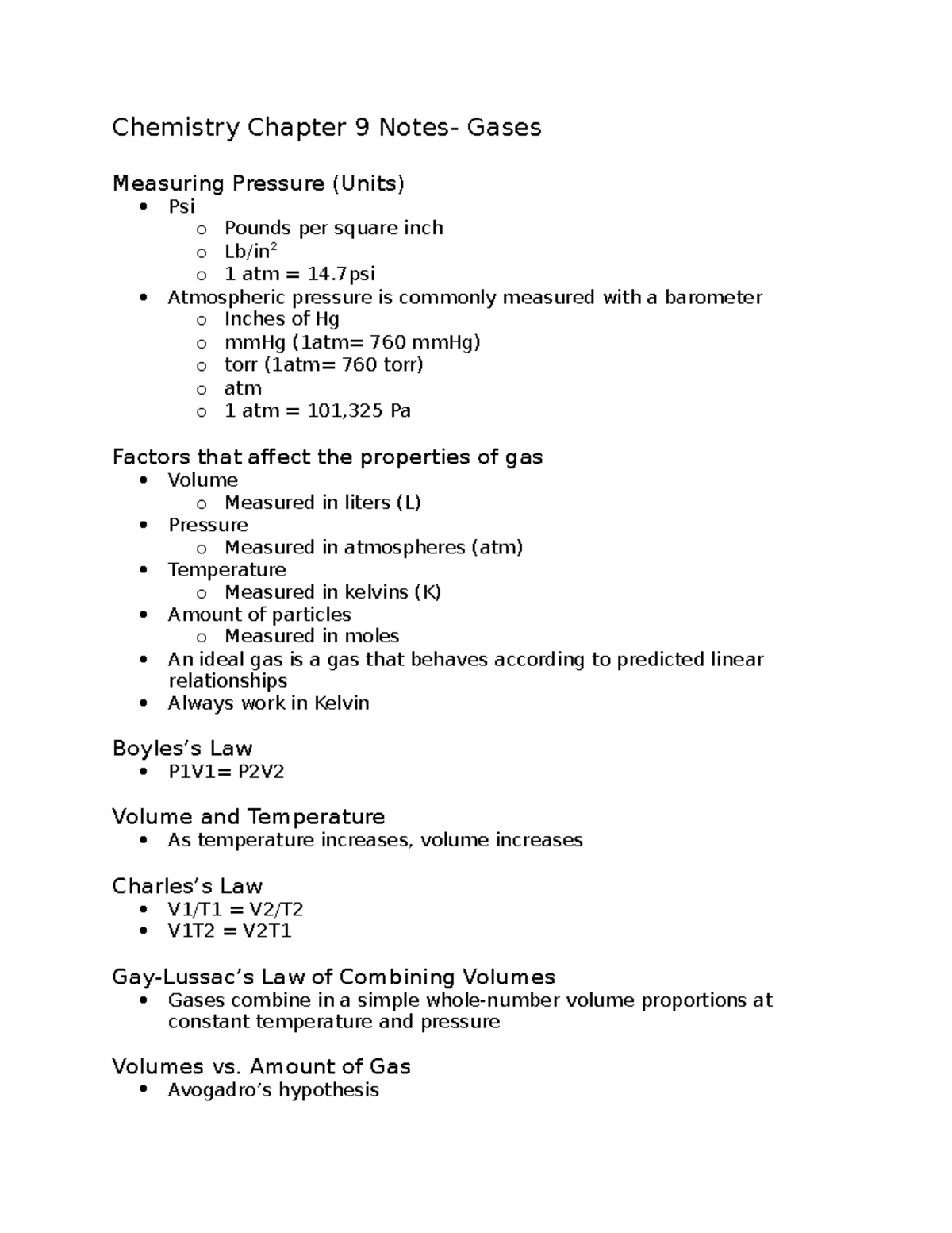 Chemistry Chapter 9 Notes - Chemistry Chapter 9 Notes- Gases Measuring ...