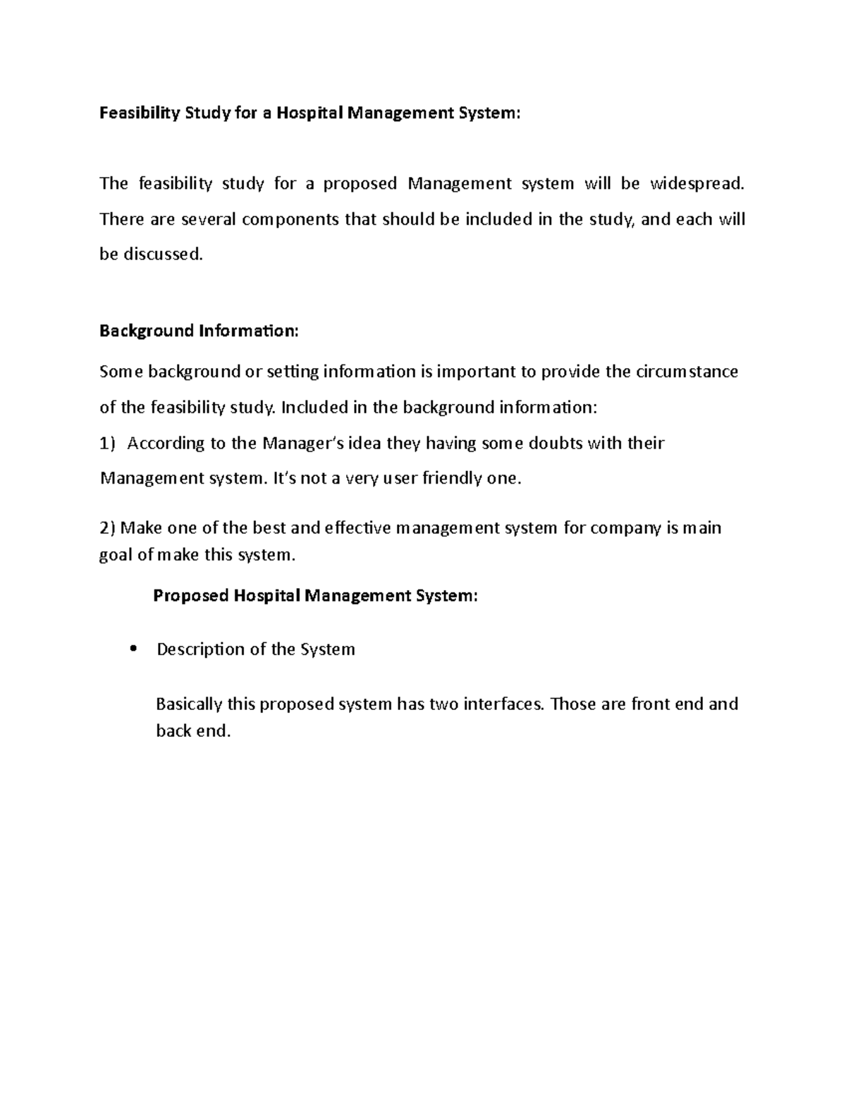 Feasibility study for a hospital management system - Feasibility Study ...