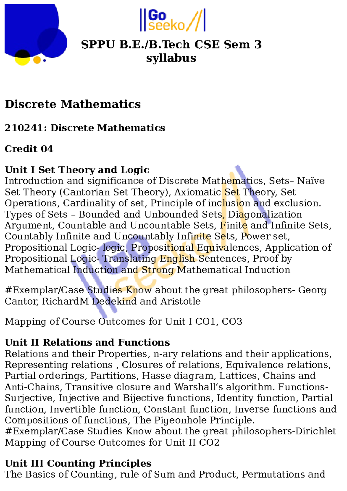 CSE Sem 3 syllabus - Dhdjdj - SPPU B.E./B CSE Sem 3 syllabus Discrete Mathematics 210241 ...