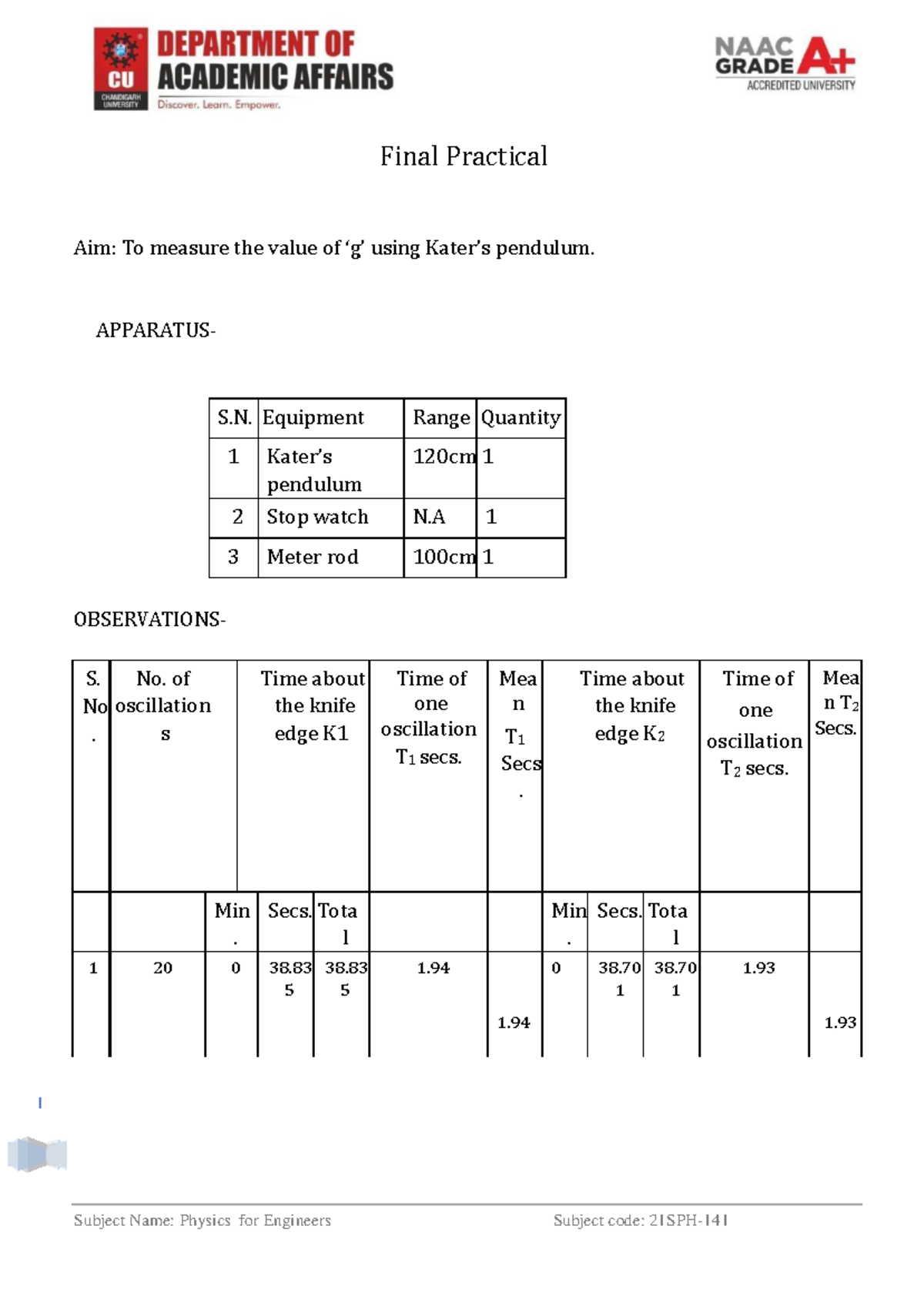 Physics Final - 1 Final Practical Aim: To measure the value of ‘g ...