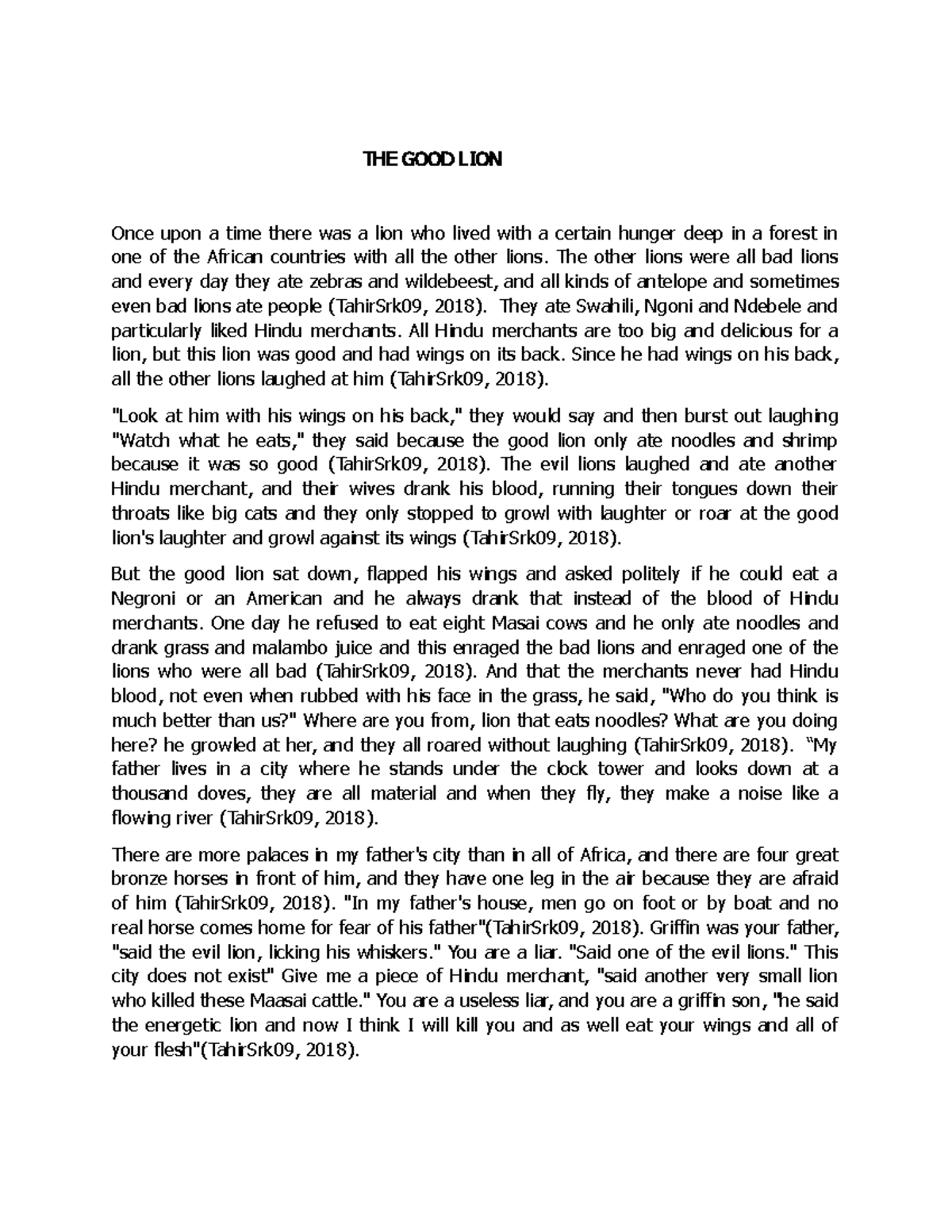 Learning Journal Unit 5 - THE GOOD LION Once upon a time there was a ...