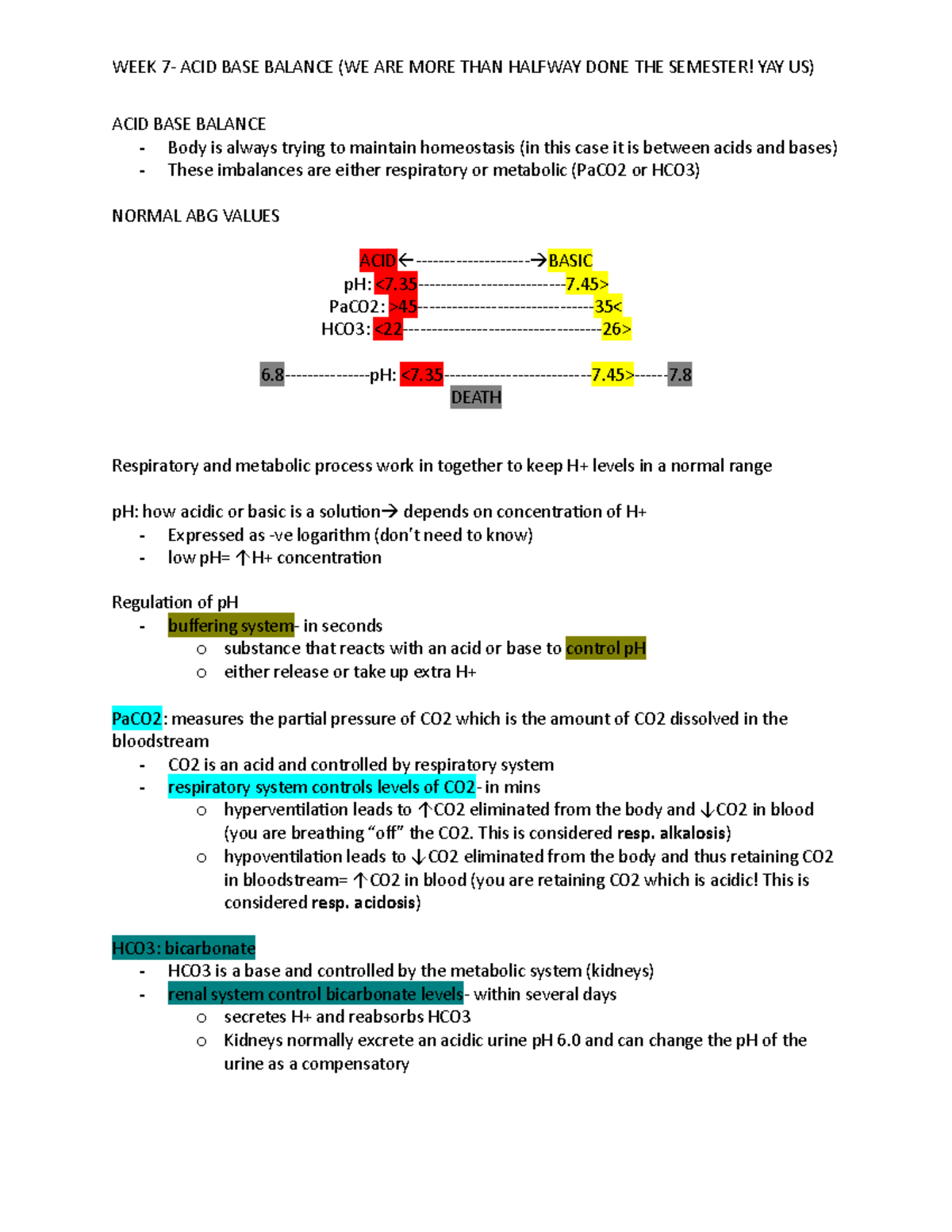 ACID BASE Balance - notes - WEEK 7- ACID BASE BALANCE (WE ARE MORE THAN ...